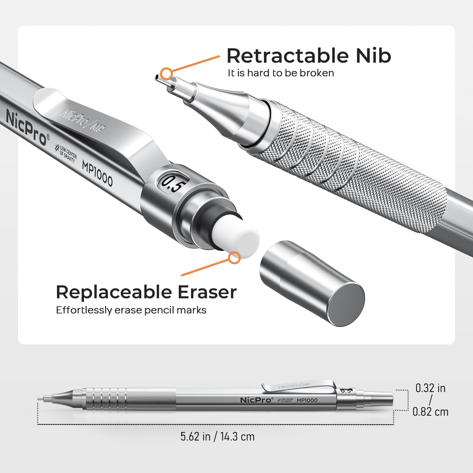 Nicpro 0.5 mm Mechanical Pencils Set with Case, 3 Metal Artist Pencil With 6 Tubes HB Lead Refills, 3 Erasers, Eraser Refills For Architect Art Writing Drafting,Drawing, Engineering, Sketching, Silver