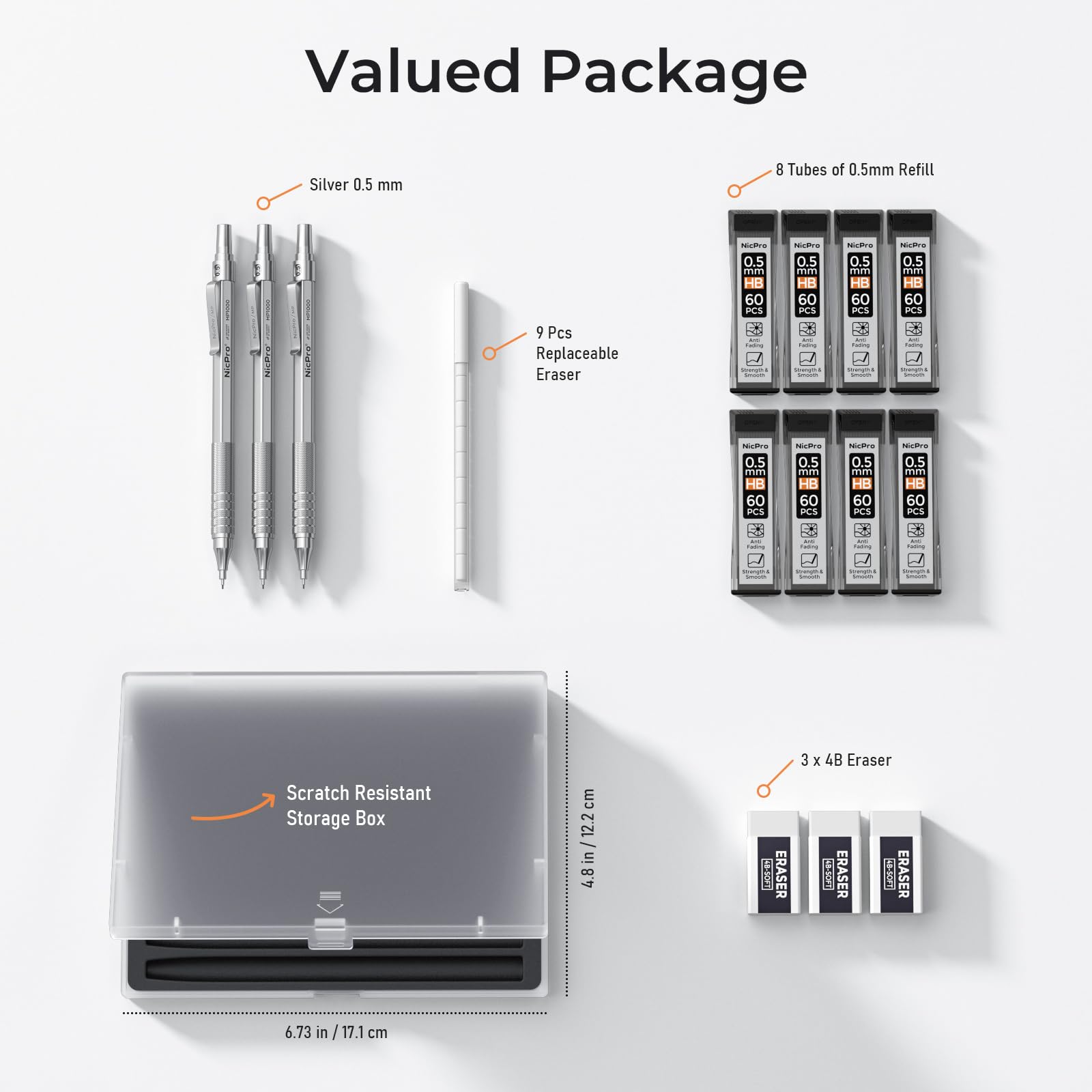 Nicpro 0.5 mm Mechanical Pencils Set with Case, 3 Metal Artist Pencil With 6 Tubes HB Lead Refills, 3 Erasers, Eraser Refills For Architect Art Writing Drafting,Drawing, Engineering, Sketching, Silver