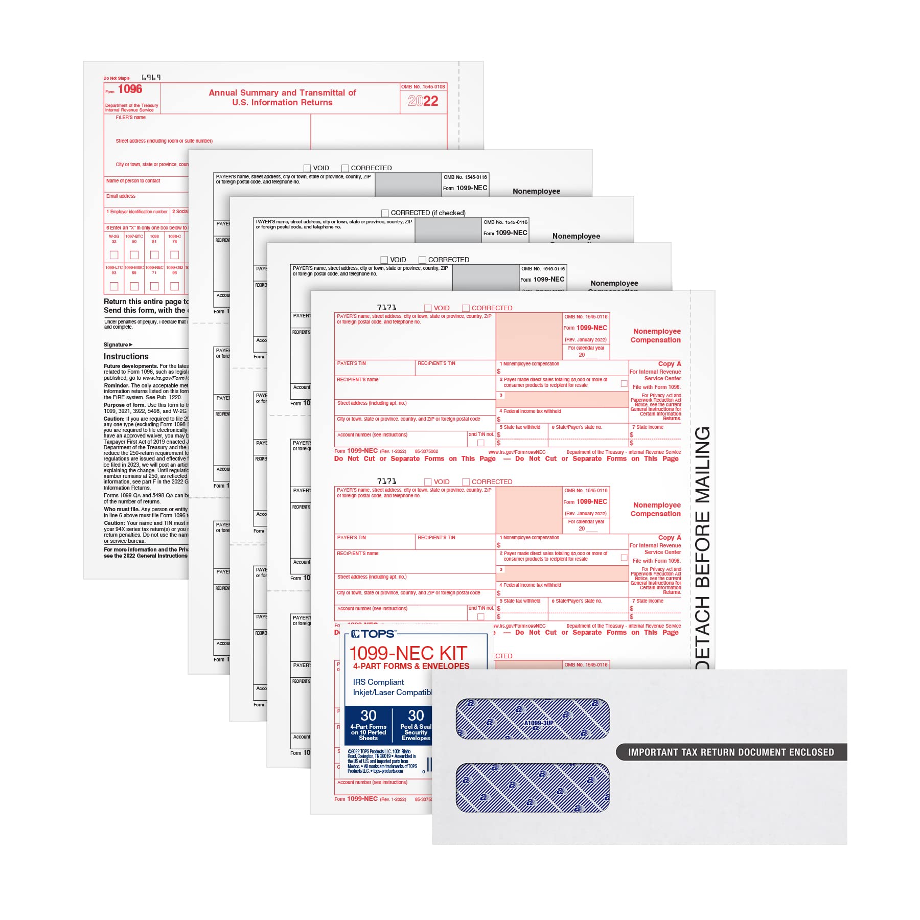 TOPS 1099 NEC Forms 2022, 4 Part Laser/Inkjet 1099 Forms with Self Seal Envelopes, for 30 Recipients, Includes 3 1096 Forms (TX22925NEC-22)