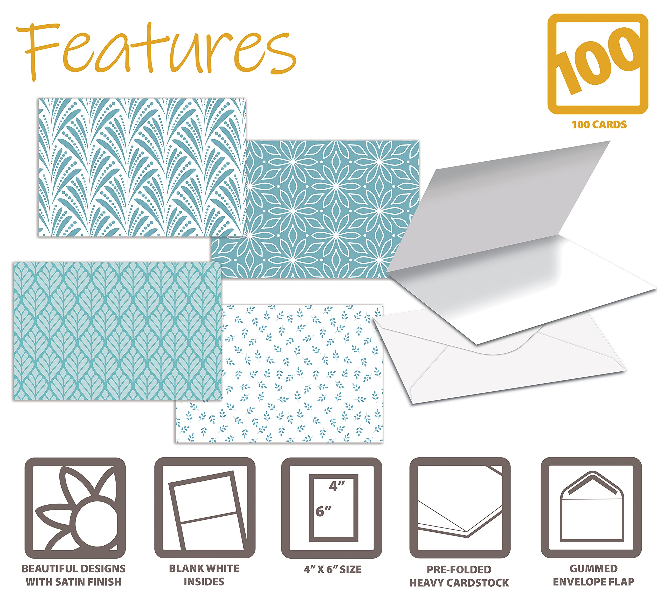Better Office Products 100-Pack All Occasion Greeting Cards, Assorted Blank Note Cards, 4 x 6 inch, 6 Blue Hue Floral Designs, Blank Inside, with Envelopes, 100 Pack