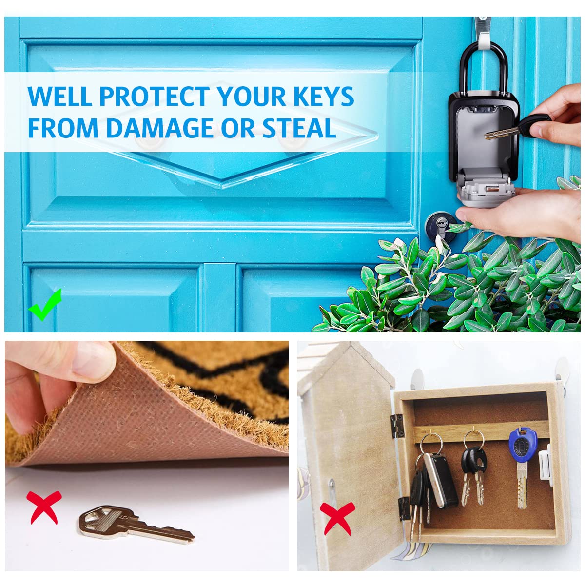 Key Lock Box, Upgraded Lockbox for Keys Outdoor, Key Safe Box, Weatherproof 4 Digit Combination Key Storage Lock Box, 5 Keys Capacity Lockbox with Removable Shackle for Indoor Outdoor, 3.66inch