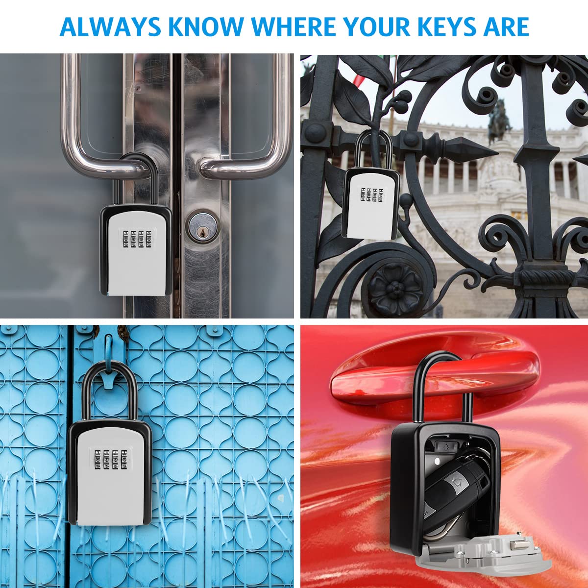 Key Lock Box, Upgraded Lockbox for Keys Outdoor, Key Safe Box, Weatherproof 4 Digit Combination Key Storage Lock Box, 5 Keys Capacity Lockbox with Removable Shackle for Indoor Outdoor, 3.66inch