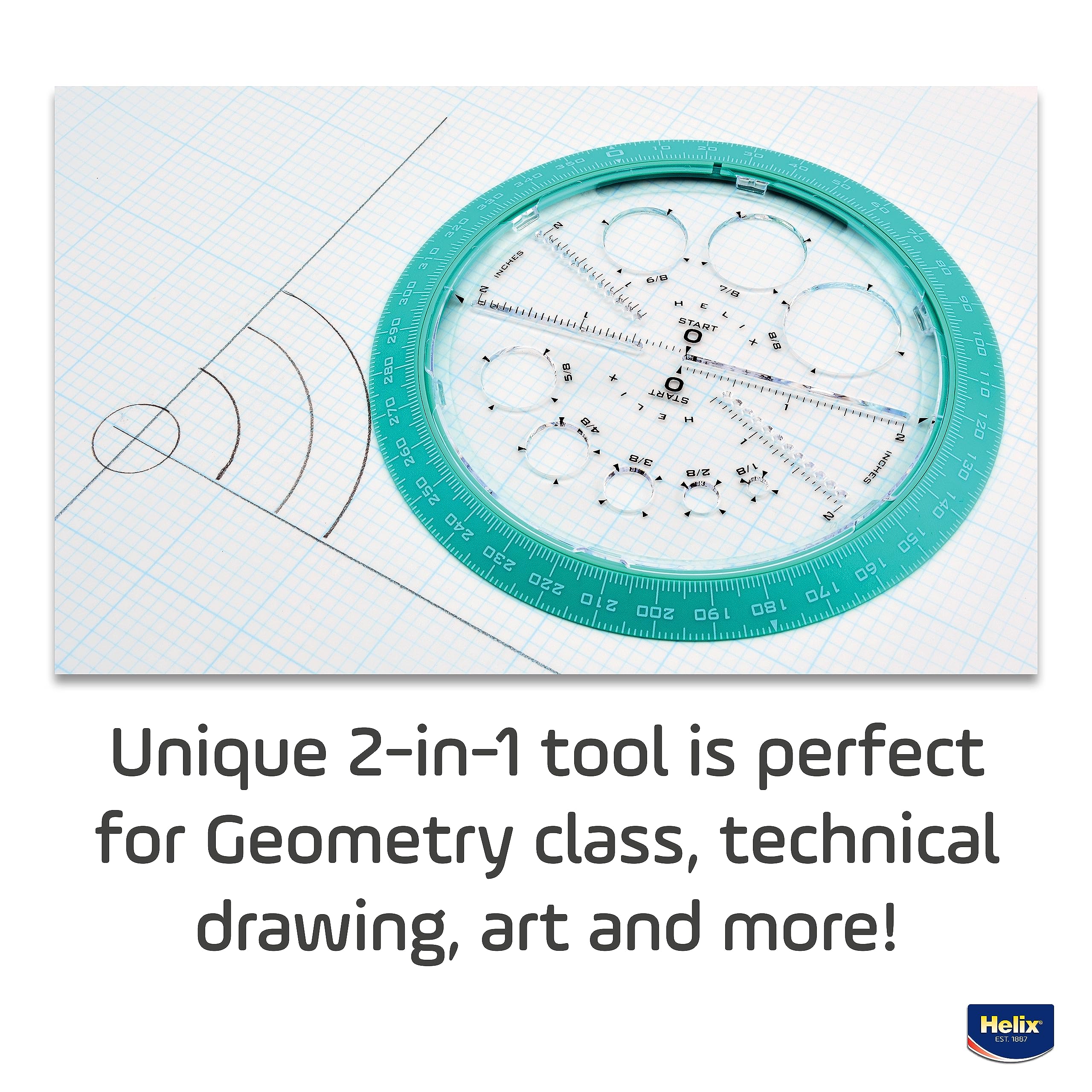 Helix Angle and Circle Maker with Integrated Circle Templates, 360 Degree, 6 Inch / 15cm, Assorted Colors (36002)