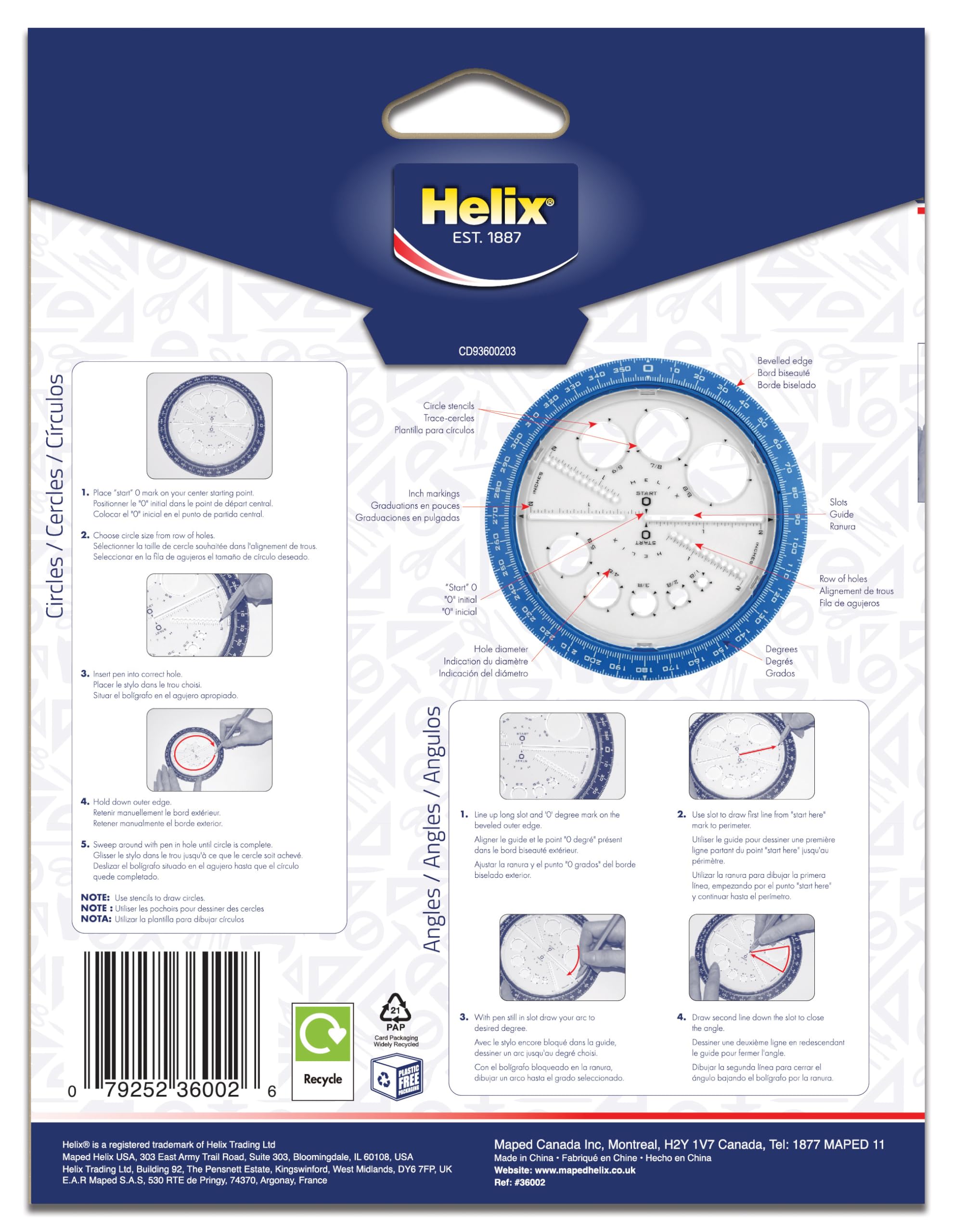 Helix Angle and Circle Maker with Integrated Circle Templates, 360 Degree, 6 Inch / 15cm, Assorted Colors (36002)