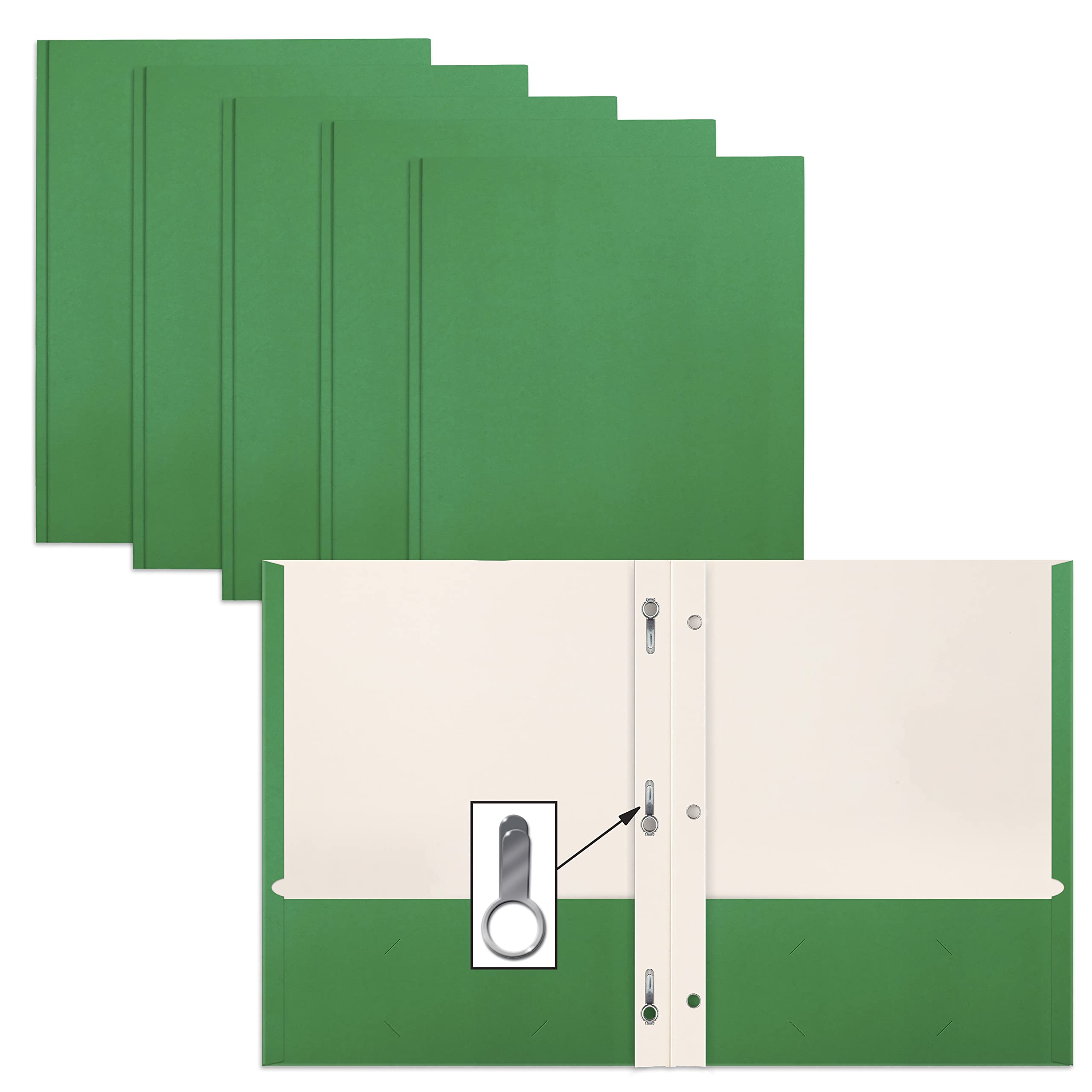 Green Paper 2 Pocket Folders with Prongs, 50 Pack, by Better Office Products, Matte Texture, Letter Size Paper Folders, 50 Pack, with 3 Metal Prong Fastener Clips, Green
