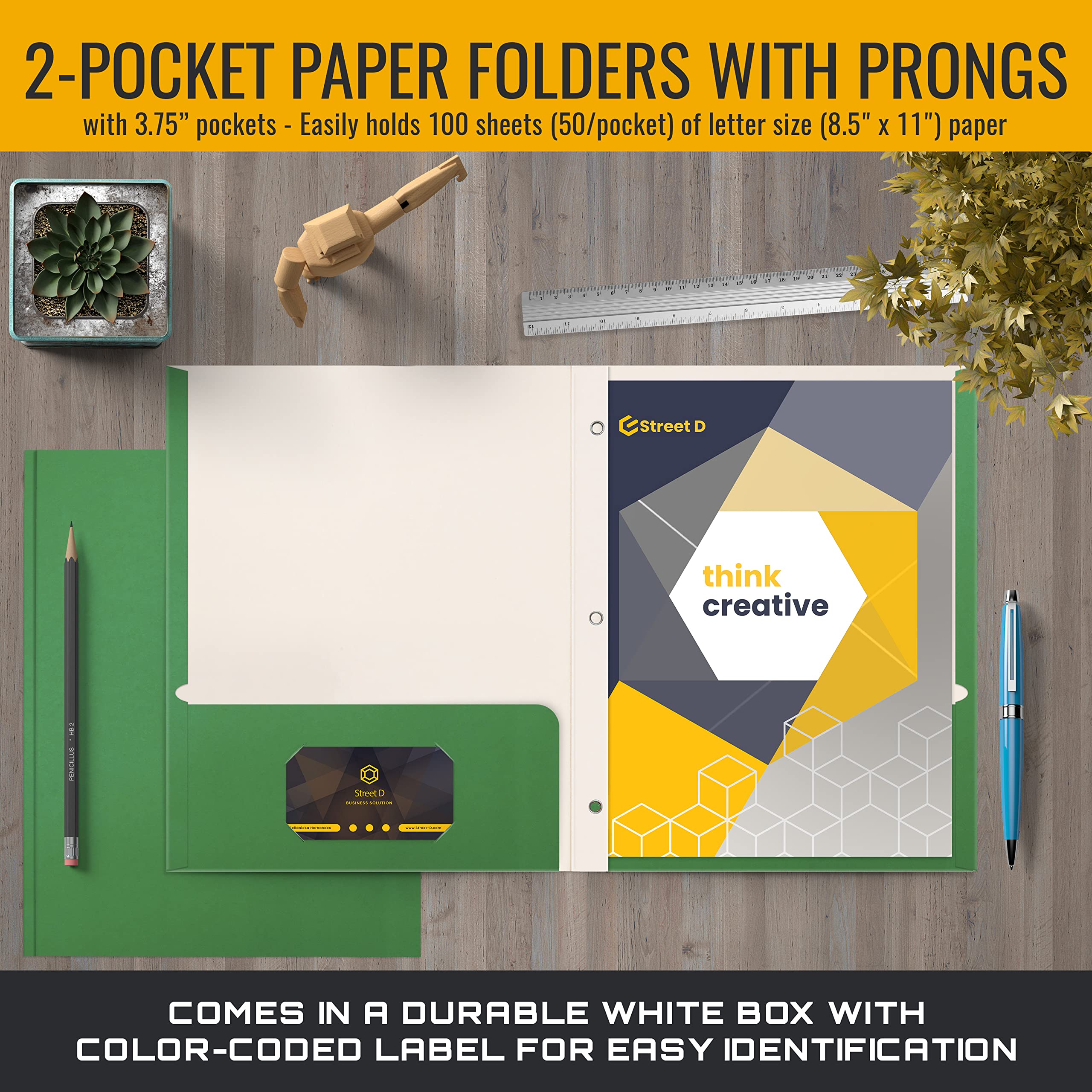 Green Paper 2 Pocket Folders with Prongs, 50 Pack, by Better Office Products, Matte Texture, Letter Size Paper Folders, 50 Pack, with 3 Metal Prong Fastener Clips, Green