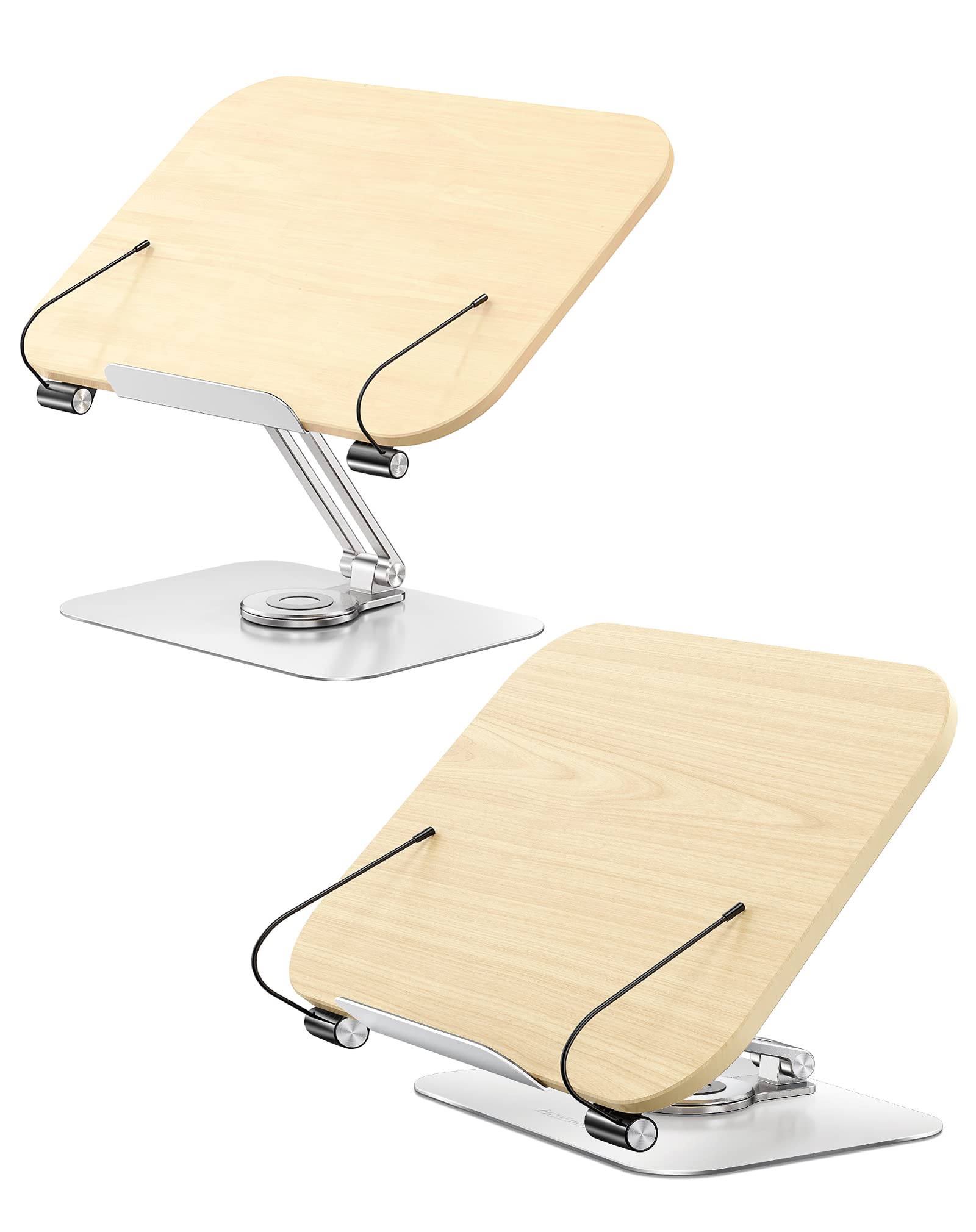 Book Stand for Reading, Amasrich Adjustable Holder with 360° Rotating Base & Page Clips, Foldable Desktop Ricer for Cookbook,Sheet Music,Laptop,Recipe,Textbook,Hands Free,Wood,Aluminium