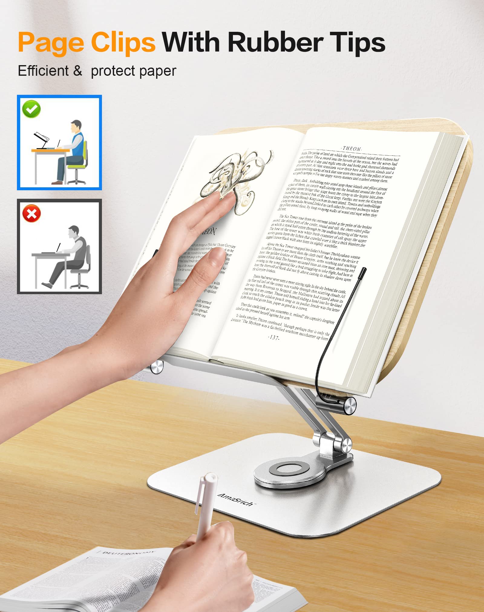 Book Stand for Reading, Amasrich Adjustable Holder with 360° Rotating Base & Page Clips, Foldable Desktop Ricer for Cookbook,Sheet Music,Laptop,Recipe,Textbook,Hands Free,Wood,Aluminium
