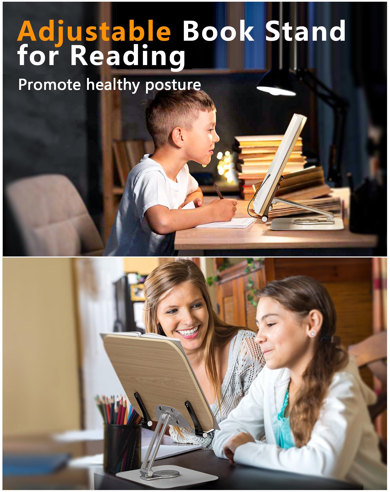 Book Stand for Reading, Amasrich Adjustable Holder with 360° Rotating Base & Page Clips, Foldable Desktop Ricer for Cookbook,Sheet Music,Laptop,Recipe,Textbook,Hands Free,Wood,Aluminium