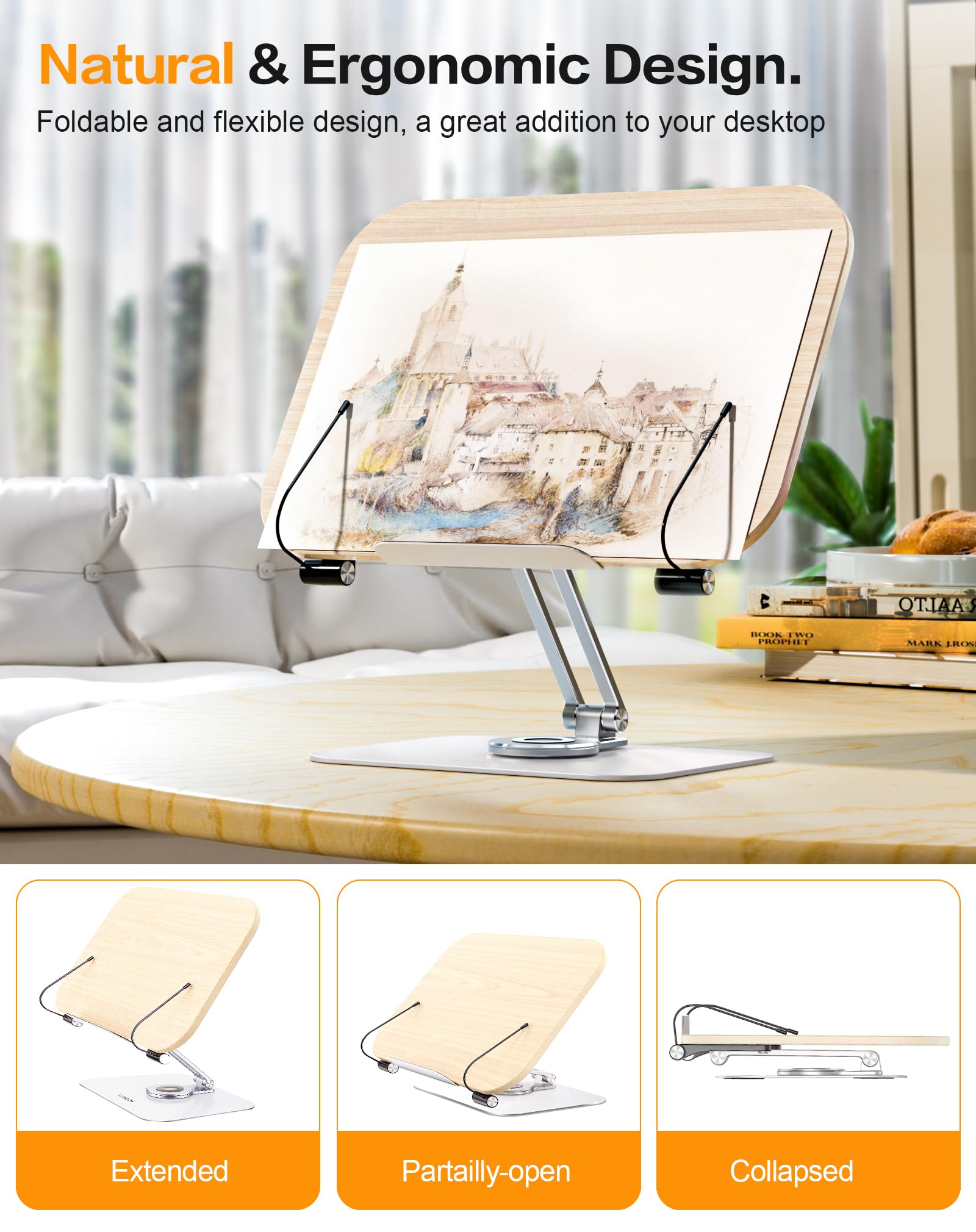 Book Stand for Reading, Amasrich Adjustable Holder with 360° Rotating Base & Page Clips, Foldable Desktop Ricer for Cookbook,Sheet Music,Laptop,Recipe,Textbook,Hands Free,Wood,Aluminium