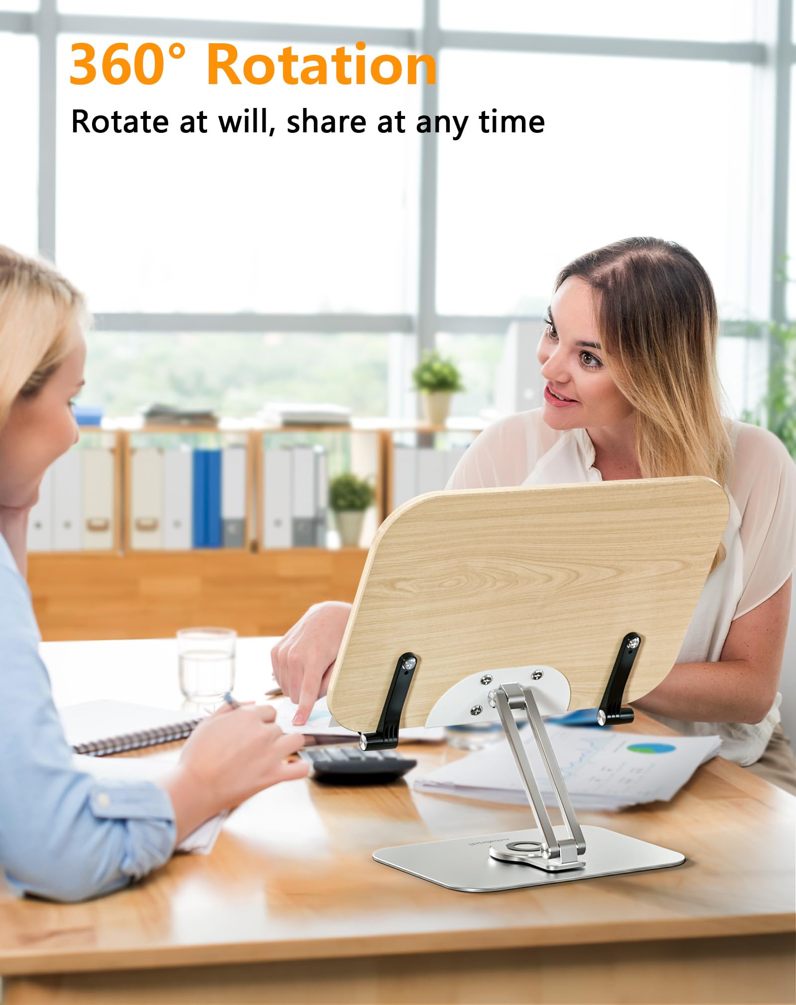 Book Stand for Reading, Amasrich Adjustable Holder with 360° Rotating Base & Page Clips, Foldable Desktop Ricer for Cookbook,Sheet Music,Laptop,Recipe,Textbook,Hands Free,Wood,Aluminium