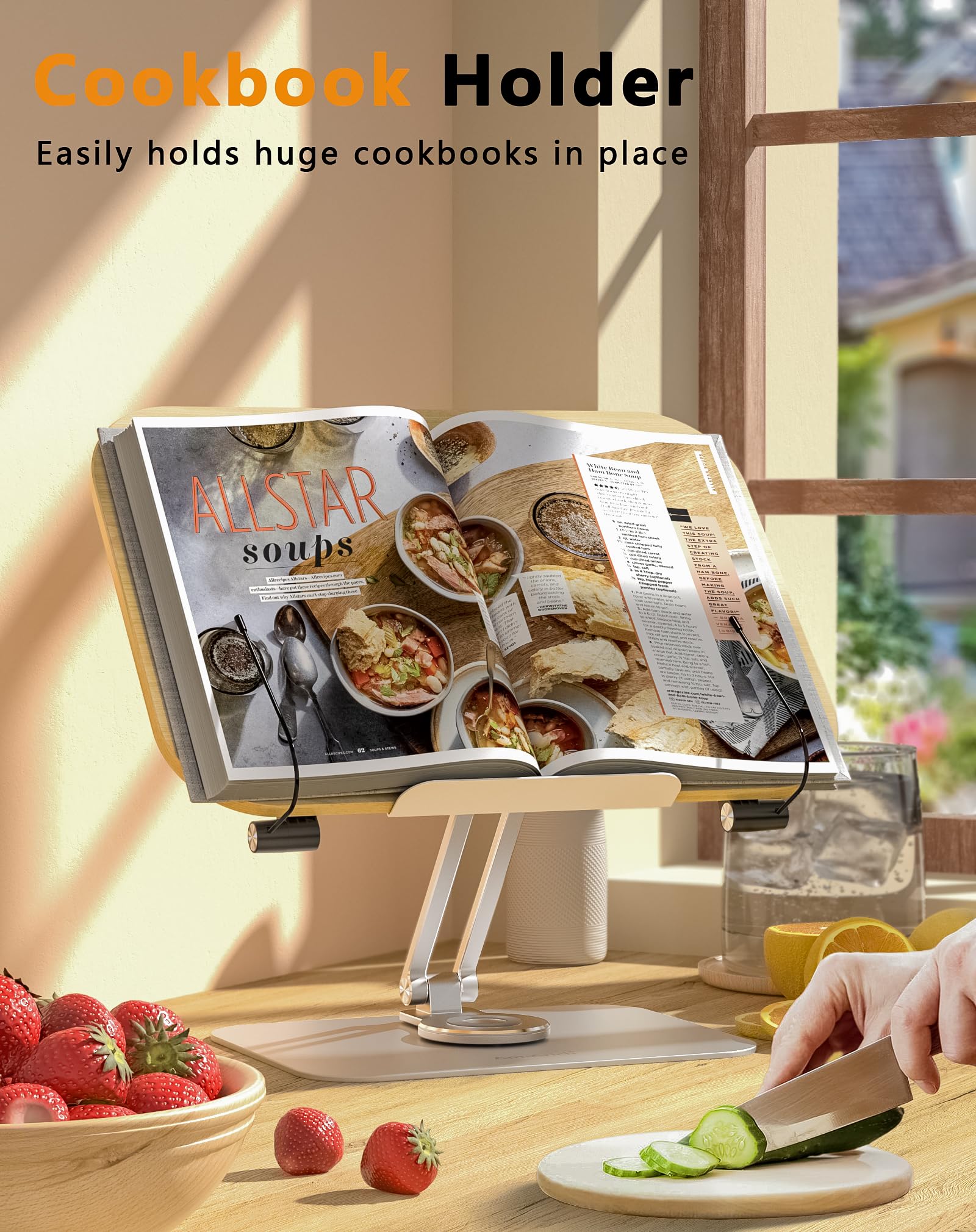 Book Stand for Reading, Amasrich Adjustable Holder with 360° Rotating Base & Page Clips, Foldable Desktop Ricer for Cookbook,Sheet Music,Laptop,Recipe,Textbook,Hands Free,Wood,Aluminium