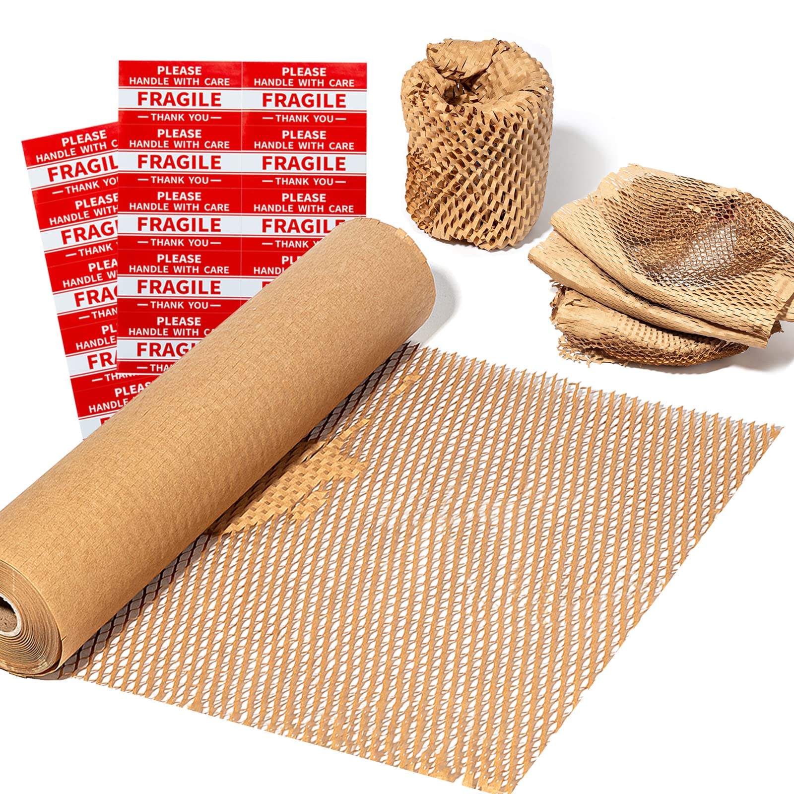 MCfleet 15"x135' Honeycomb Packing Paper Wrap Roll, Eco Friendly Packaging Material for Moving Shipping Gift Wrapping with 20 Fragile Stickers, Protective Recycled Cushion Wrap Suppliers Kraft Brown