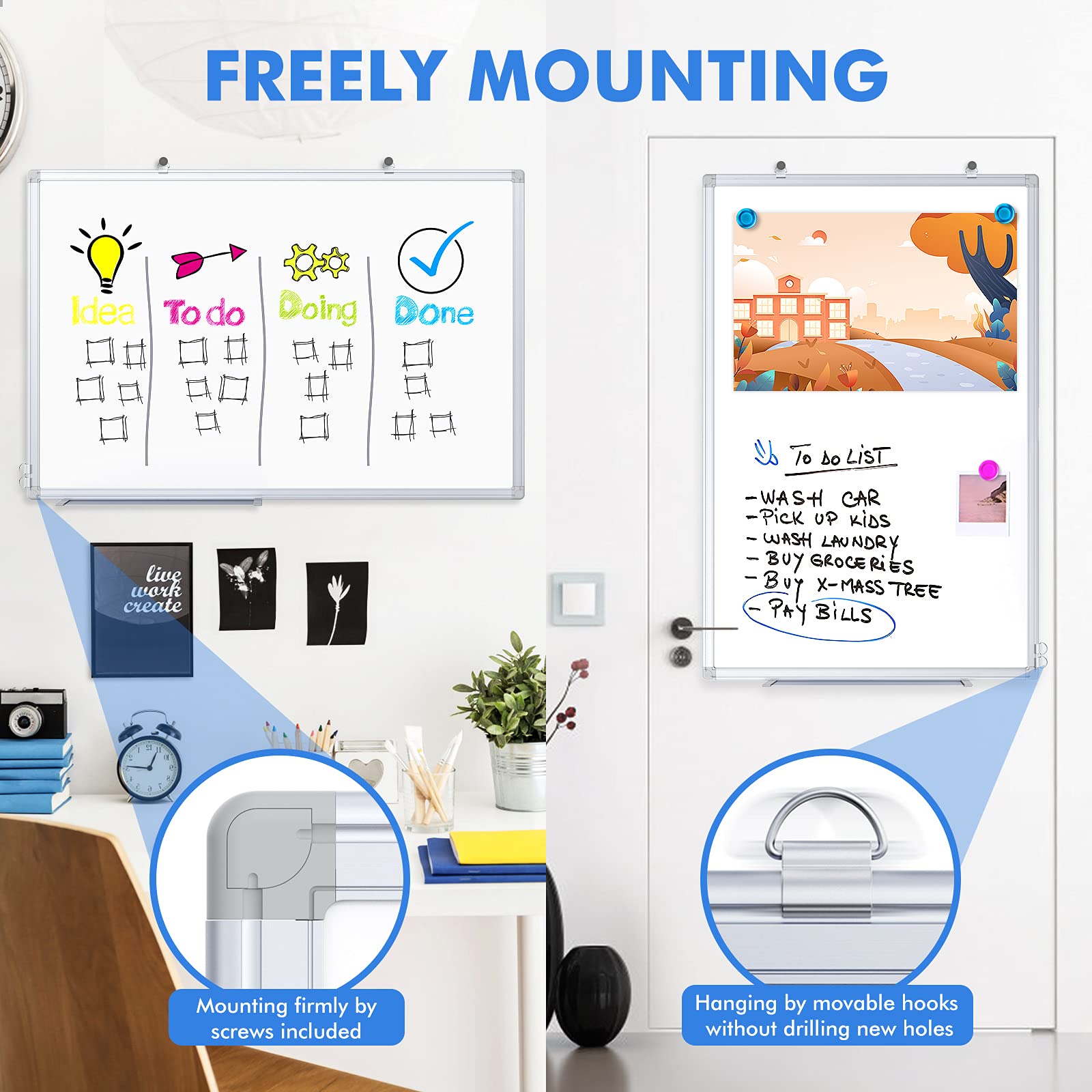 Magnetic White Board 24 x 18 Dry Erase Board Wall Hanging Whiteboard with 3 Dry Erase Pens, 1 Dry Eraser, 6 Magnets, 2' x 1.5' Message Scoreboard for School Home Office