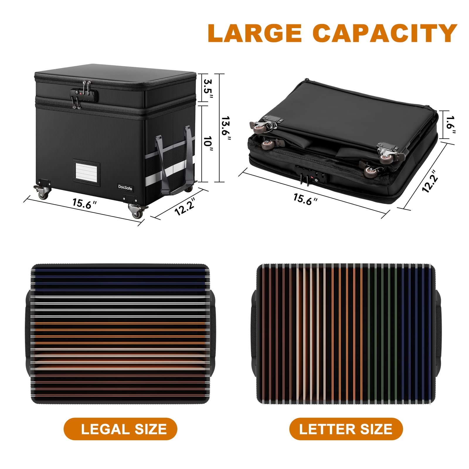 DocSafe File Box with Lock, Multi-Layer Fireproof Document Box with Wheels,Collapsible Rolling File Storage Organizer Box with Pockets,Large Portable Home Office Filing Cabinet for Hanging Folders