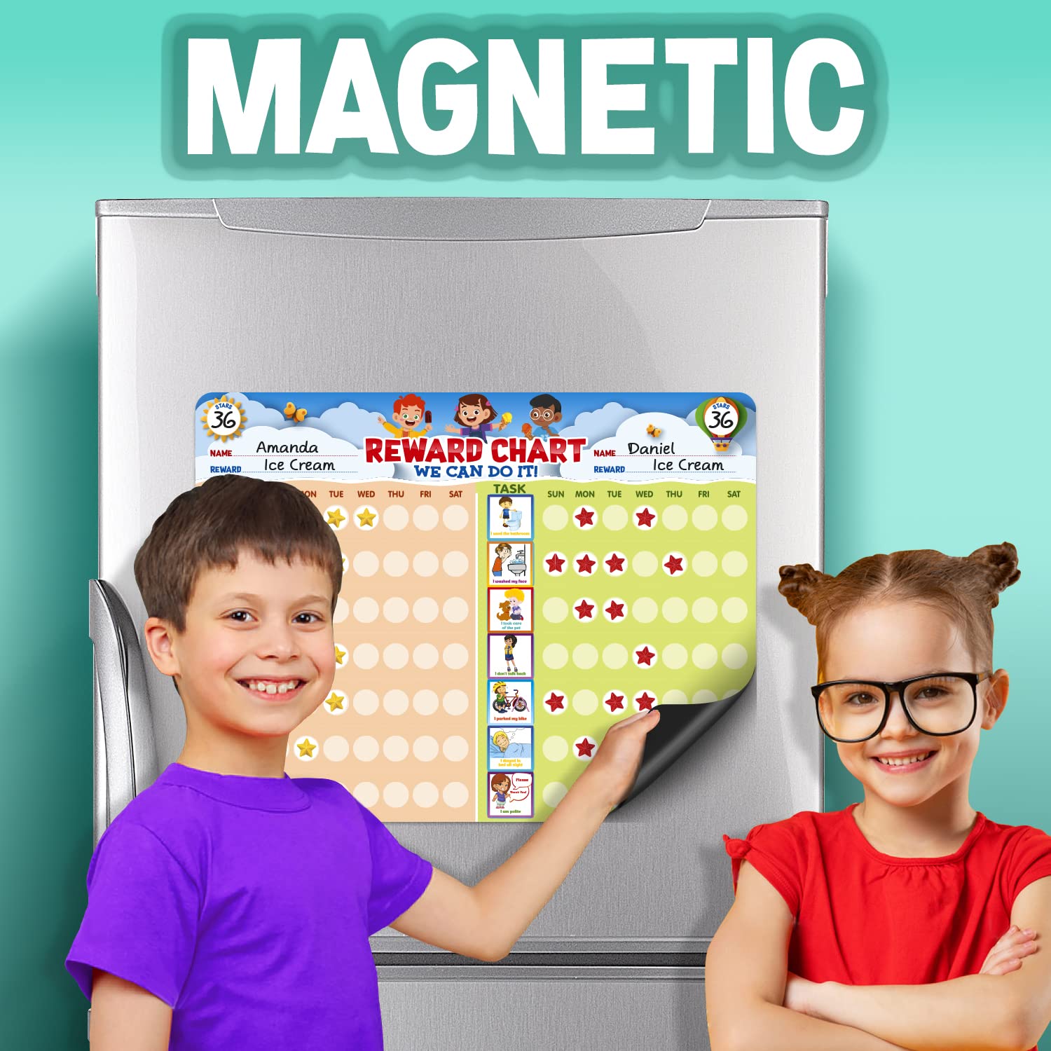 Chore Chart for Multiple Kids, Behavior Chart for Kids at Home, Dry Erase, and Magnetic Reward Chart for 2 Kids, Includes 54 Chores