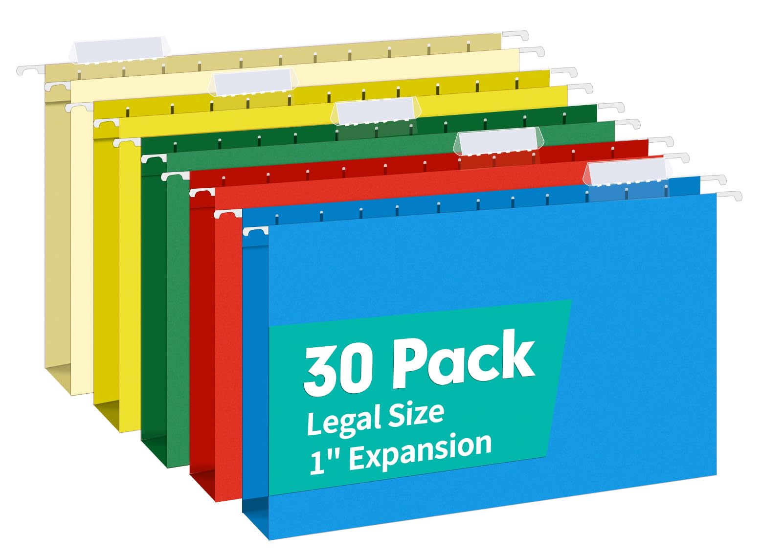 HERKKA Extra Capacity Legal Size Hanging File Folders, 30 Reinforced Hang Folders, Heavy Duty 1 Inch Expansion, Designed for Bulky Files, Medical Charts, Assorted Colors, 30 Pack
