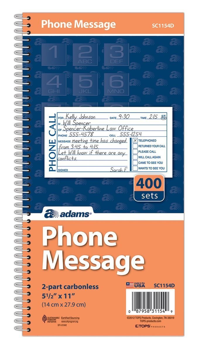 Adams Phone Message Book, Carbonless Duplicate, 5.50 x 11 Inches, 4 Sets per Page, 400 Sets per Book, Pack Of 6