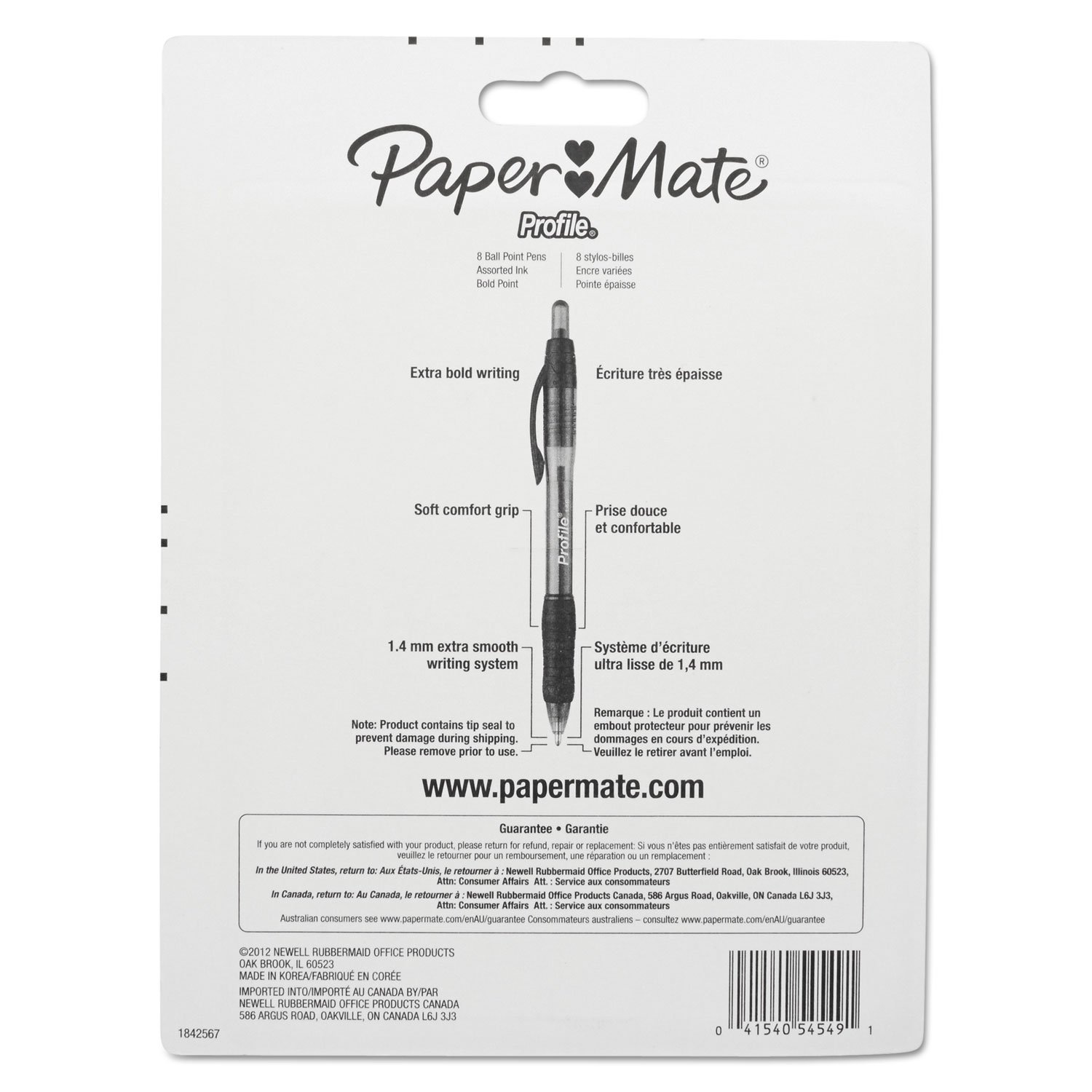 Paper Mate 1960662 Profile Ballpoint Retractable Pen, Assorted Ink, Bold, 8/Set