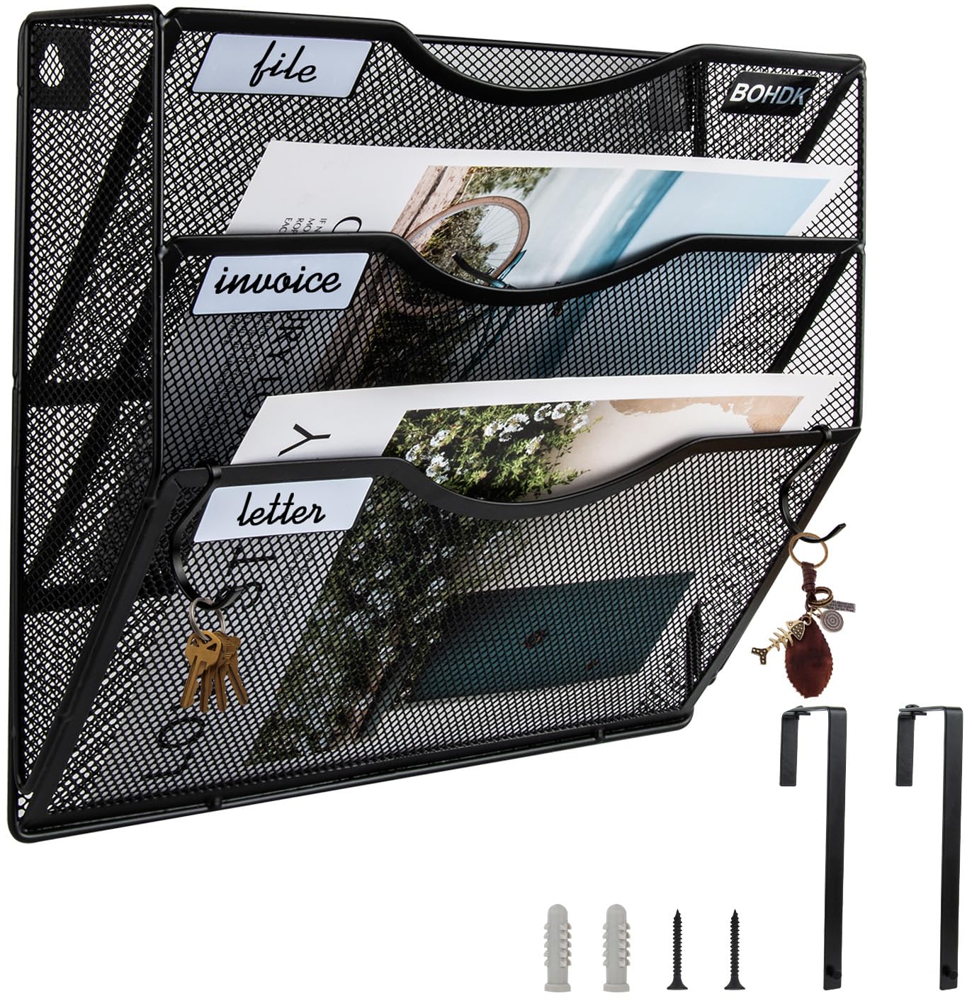 BOHDK Wall File Organizer, 3 Tire Hanging File Folder Organizer, Vertical Mesh Metal Door/Wall Mount Hanging File Holder. Paper Document Magazine Rack with Hooks for Home Office Black