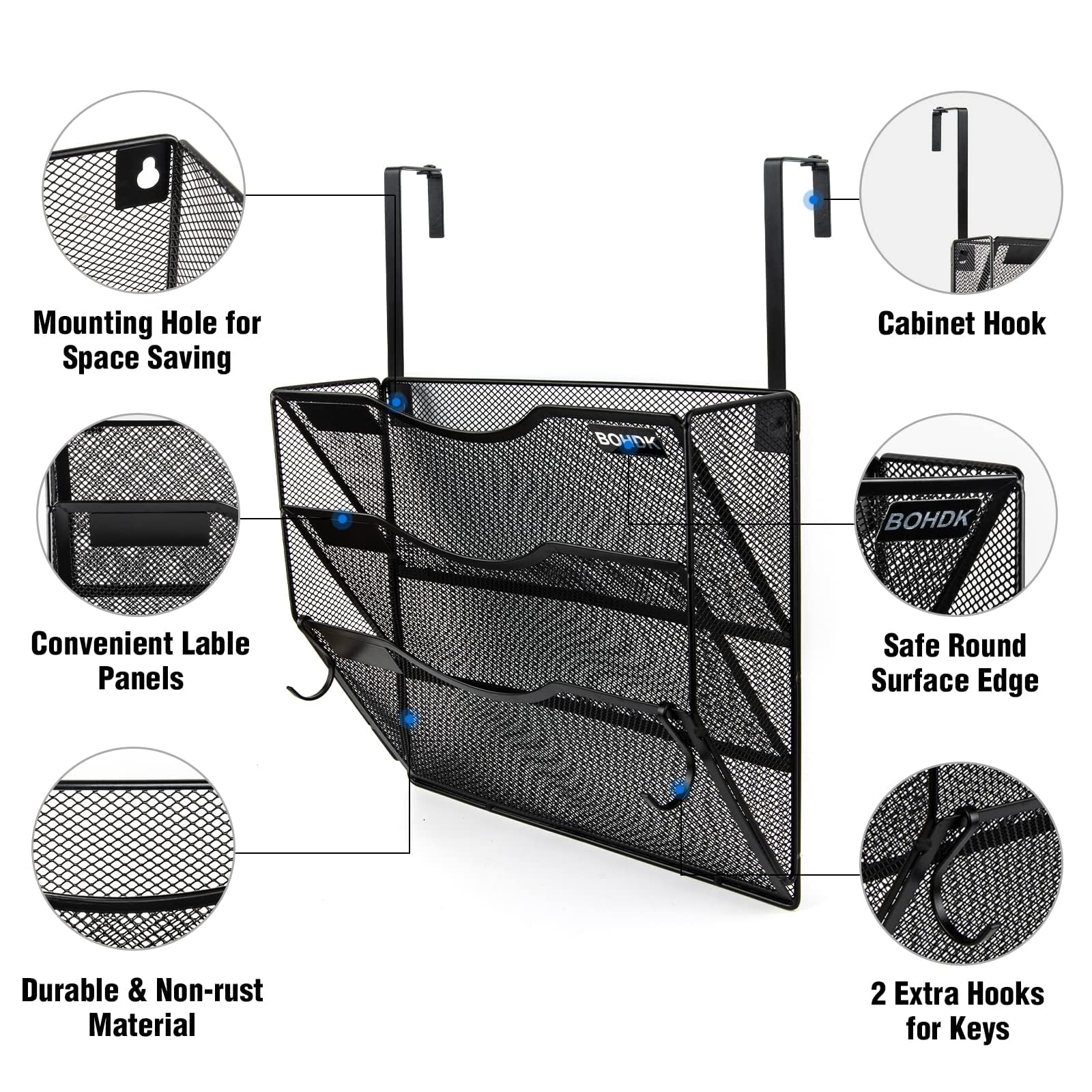 BOHDK Wall File Organizer, 3 Tire Hanging File Folder Organizer, Vertical Mesh Metal Door/Wall Mount Hanging File Holder. Paper Document Magazine Rack with Hooks for Home Office Black