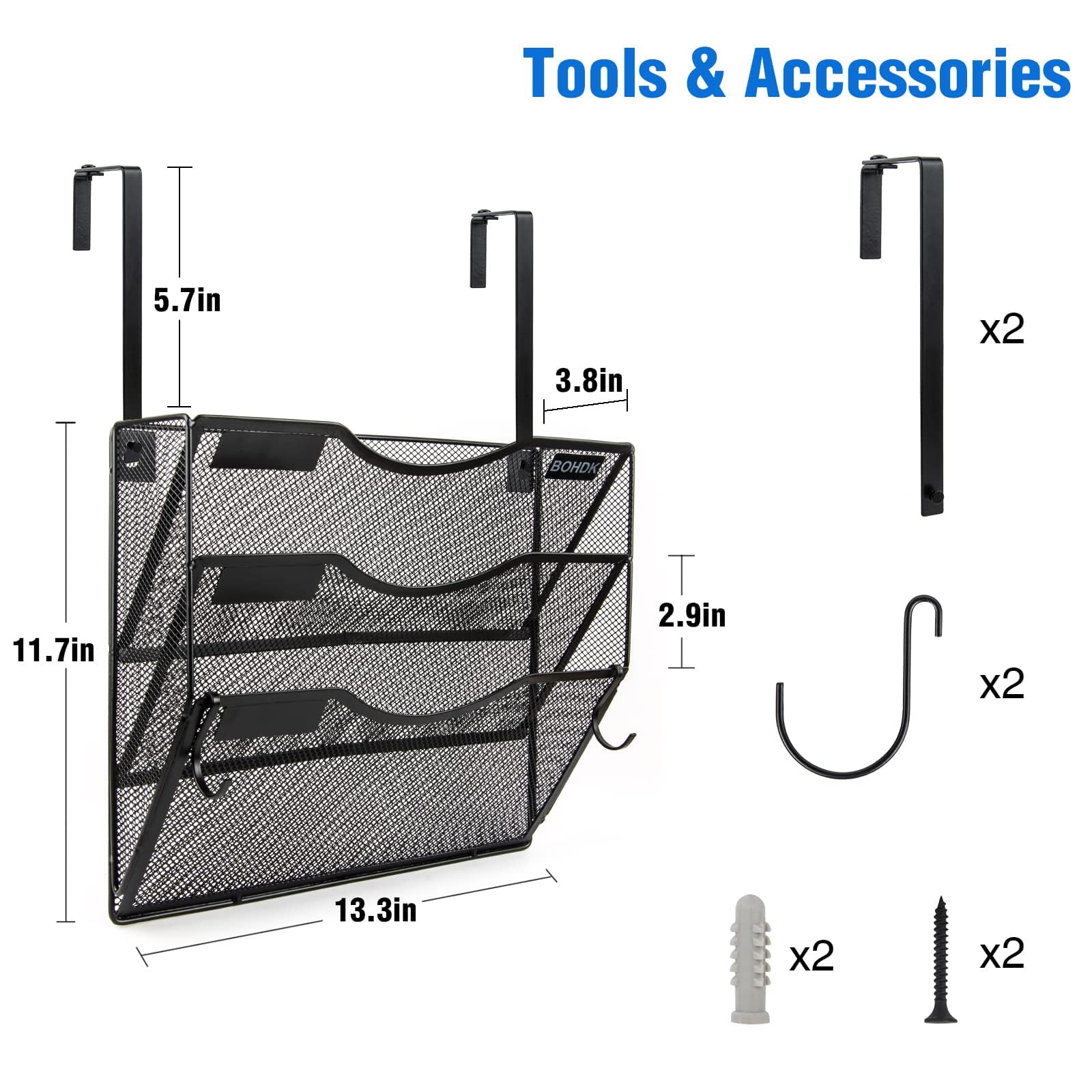 BOHDK Wall File Organizer, 3 Tire Hanging File Folder Organizer, Vertical Mesh Metal Door/Wall Mount Hanging File Holder. Paper Document Magazine Rack with Hooks for Home Office Black