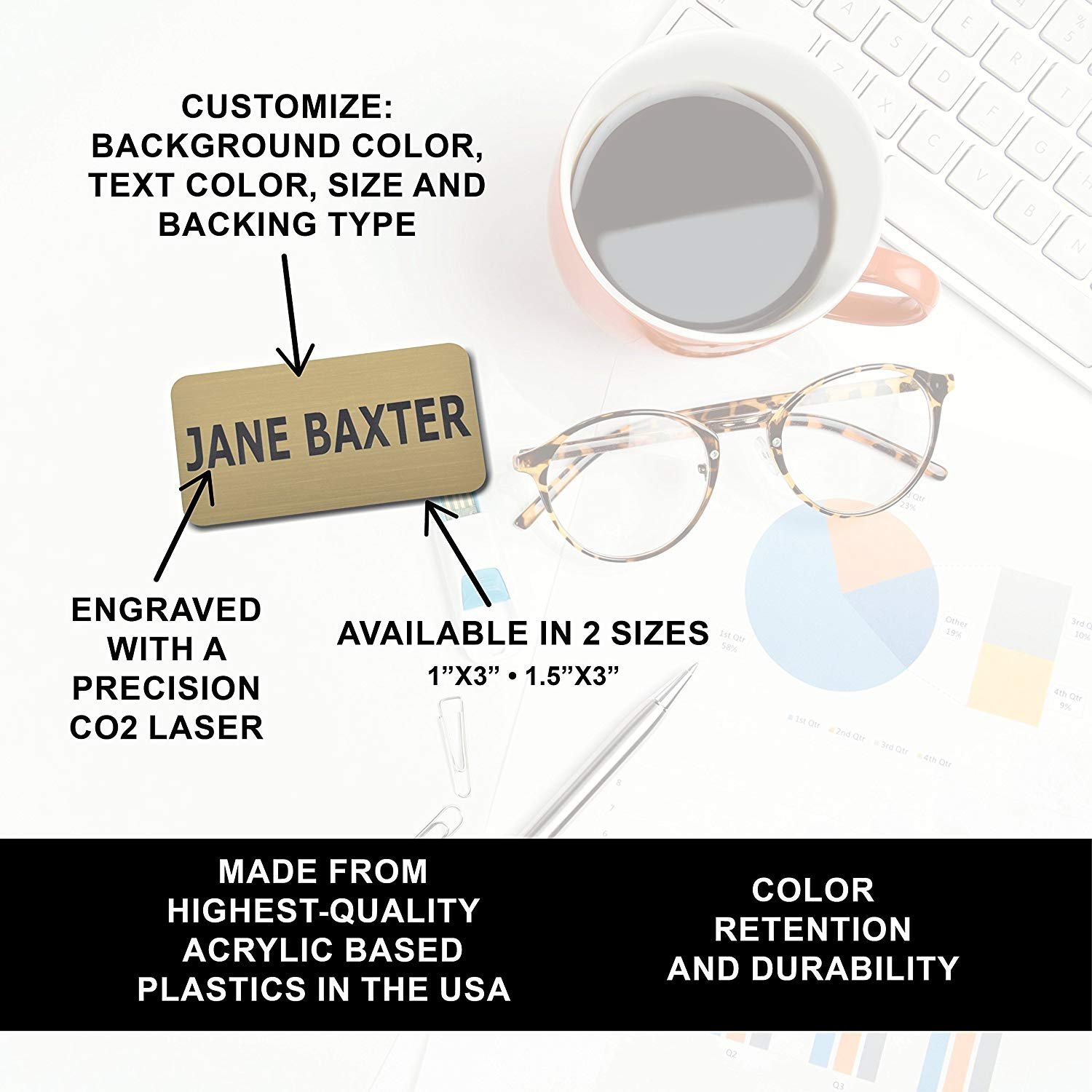 Custom Engraved Name Tag Badges – Personalized Identification with Pin or Magnetic Backing, 1 Inch x 3 Inches, European Gold/Black
