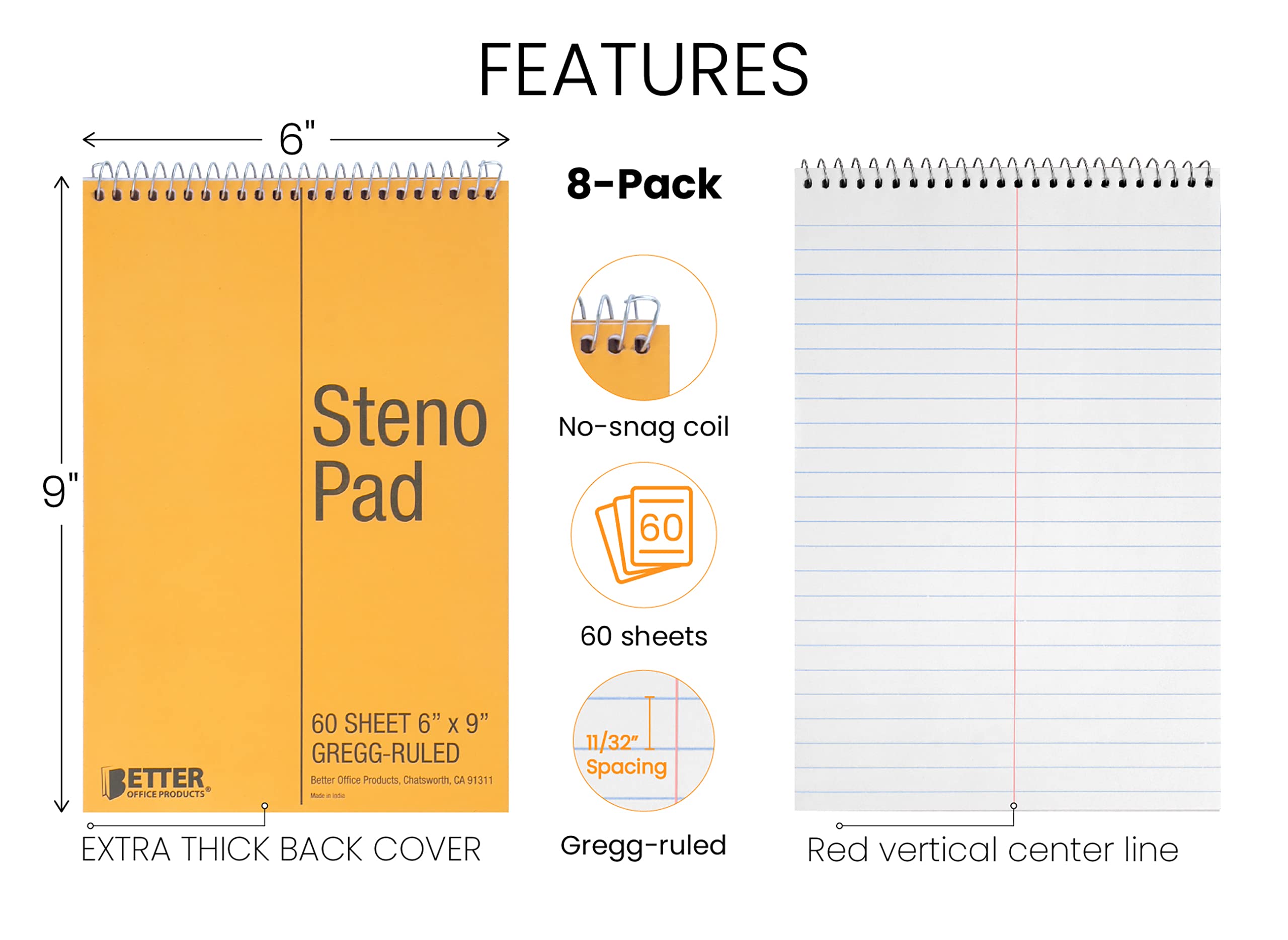 Better Office Products Spiral Steno Pads, 8 Pack, 6 x 9 inches, 60 Sheets, White Paper, Gregg Rule, Natural Board Cover, 8 Steno Notebooks