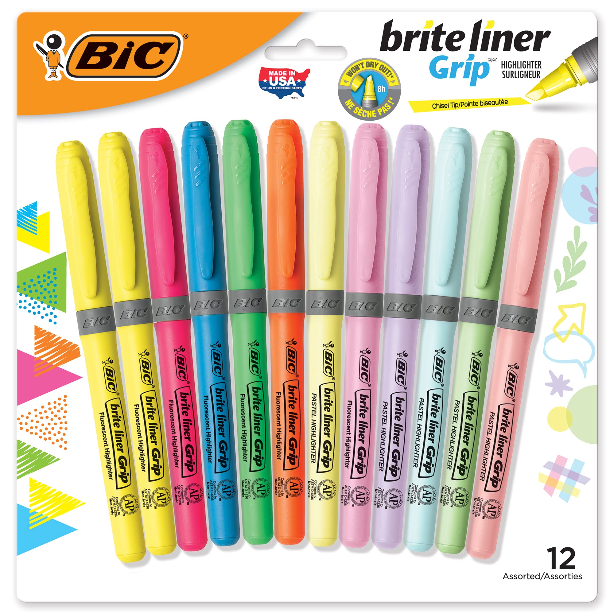 BIC Brite Liner Grip Highlighters, Chisel Tip (1.6mm), Assorted Pastel and Fluorescent, For Broad Highlighting & Fine Underlining, 12-Count