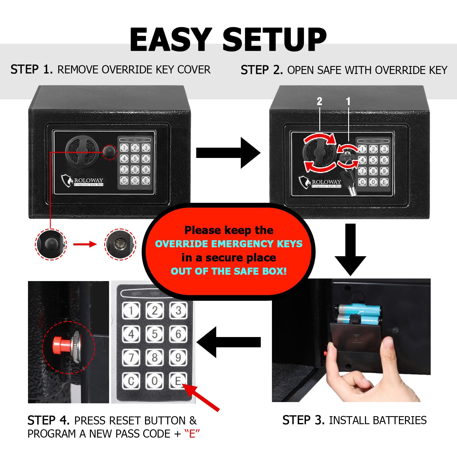ROLOWAY Steel Money Safe Box for Home with Fireproof Money Bag for Cash Safe Hidden, Security Safe Box for Money Safe with Keys, Lock Box Fireproof Safe with Keypad Lock (Black)