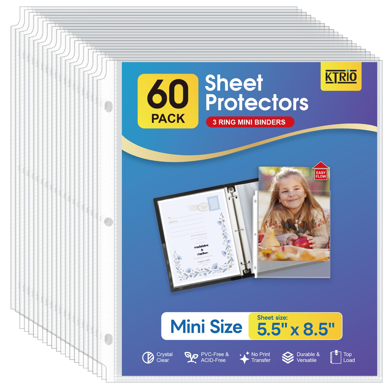 KTRIO Heavyweight Sheet Protectors 5.5 x 8.5 inch, Clear Page Protectors for Mini 3 Ring Binder, Plastic Sleeves for Binders, Top Loading Paper Protector, 60 Pack