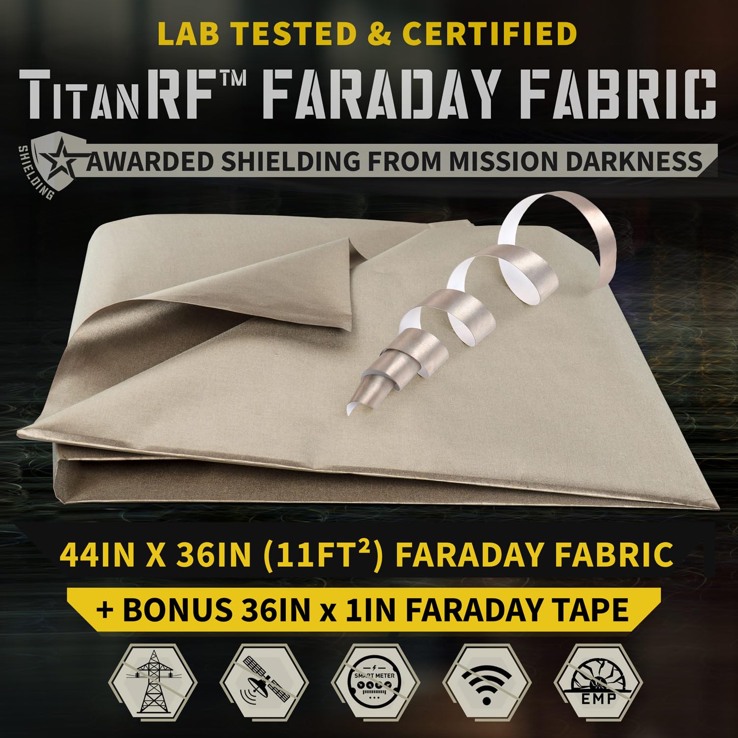 TitanRF Faraday Fabric Kit Includes 44"W x 36"L TitanRF Fabric + 36"L TitanRF Tape + Instructions. Military Grade Conductive Material Shields RF Signals (WiFi, Cell, Bluetooth, RFID, EMF Radiation).