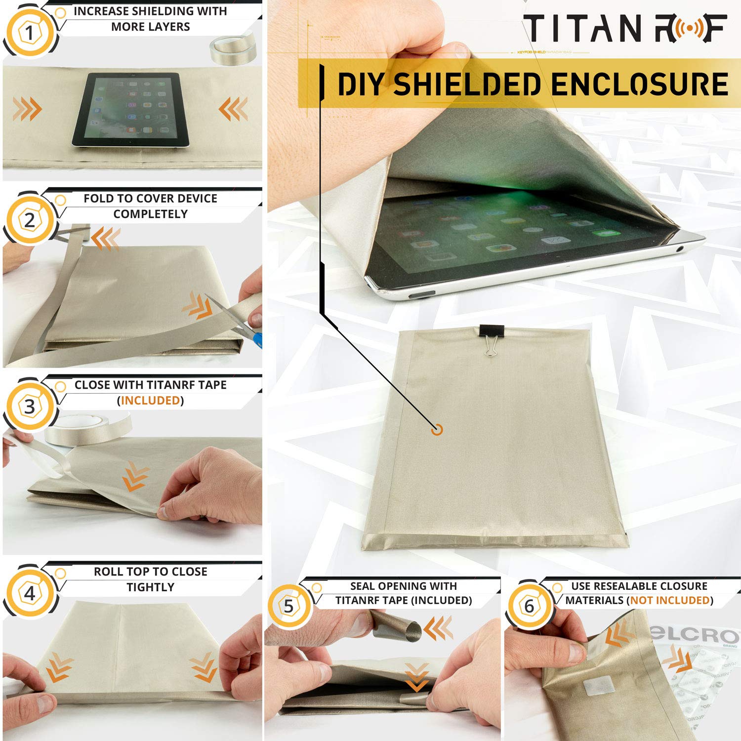TitanRF Faraday Fabric Kit Includes 44"W x 36"L TitanRF Fabric + 36"L TitanRF Tape + Instructions. Military Grade Conductive Material Shields RF Signals (WiFi, Cell, Bluetooth, RFID, EMF Radiation).