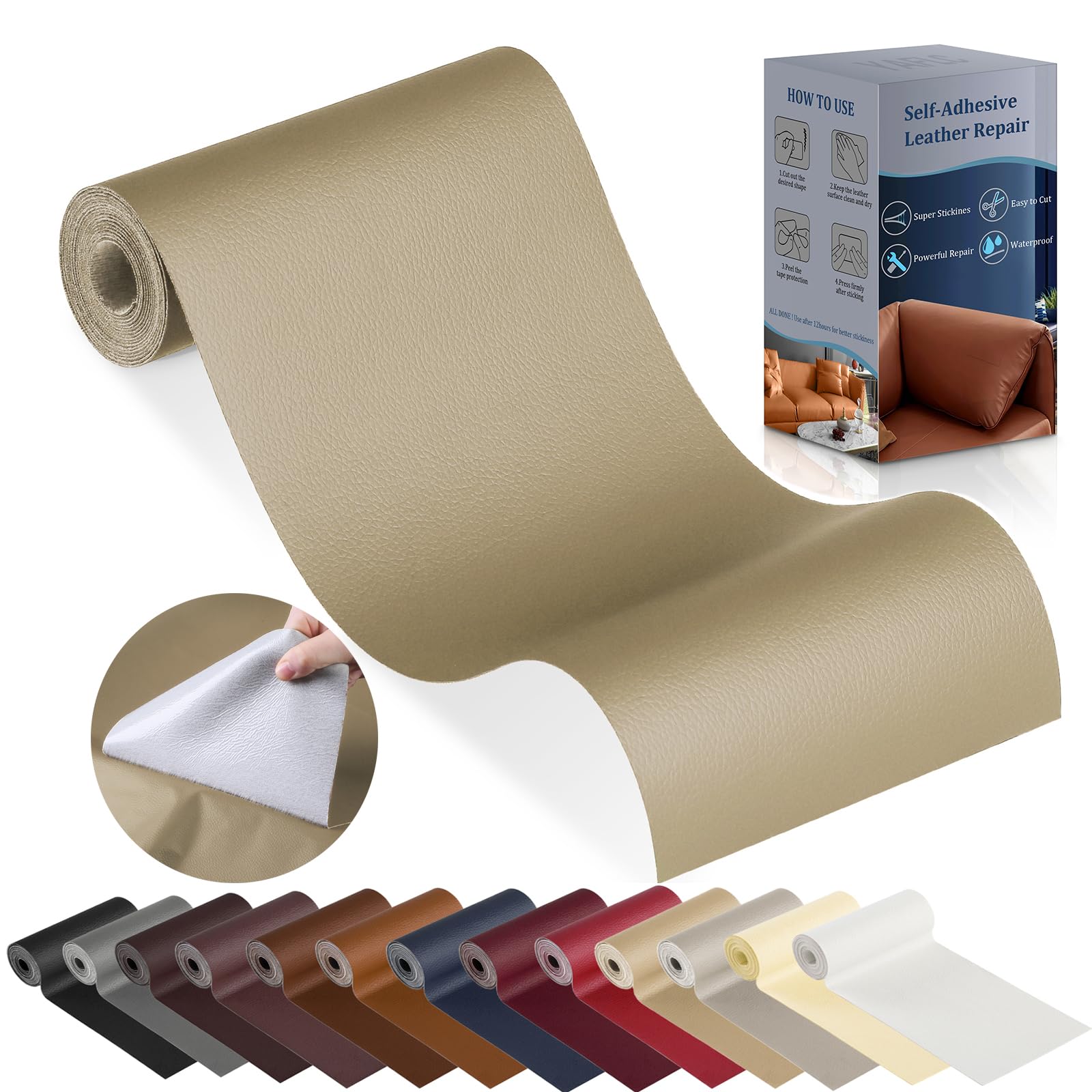 YAFCL Leather Repair Patch for Furniture, 4" x 63" Leather Repair Tape self Adhesive, Leather Repair Patch for couches car seat Sofa Jackets Handbags Medium Beige