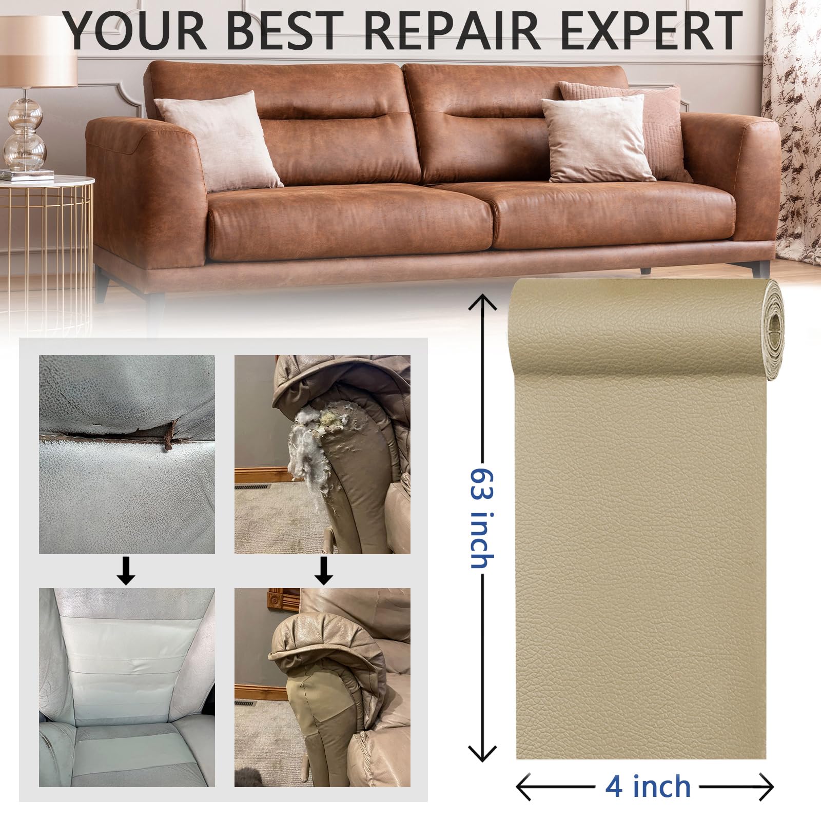 YAFCL Leather Repair Patch for Furniture, 4" x 63" Leather Repair Tape self Adhesive, Leather Repair Patch for couches car seat Sofa Jackets Handbags Medium Beige