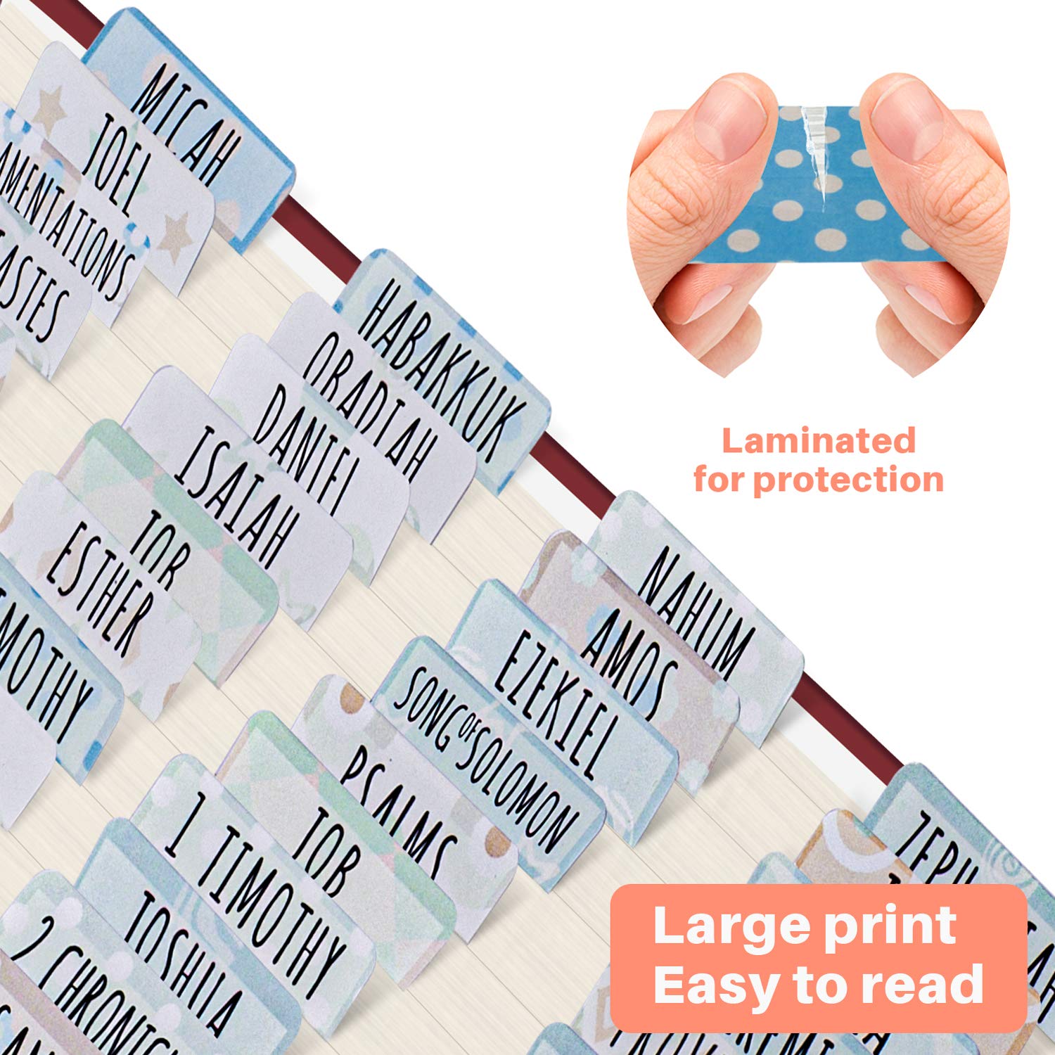 SUREFORU Bible Tabs Old and New Testament, Large Print and Easy-to-Read Bible Journaling Supplies, Personalized Bible Tabs for Women, Paper labels, Laminated 80 Bible Index Tabs (66 Books, 14 Blanks).