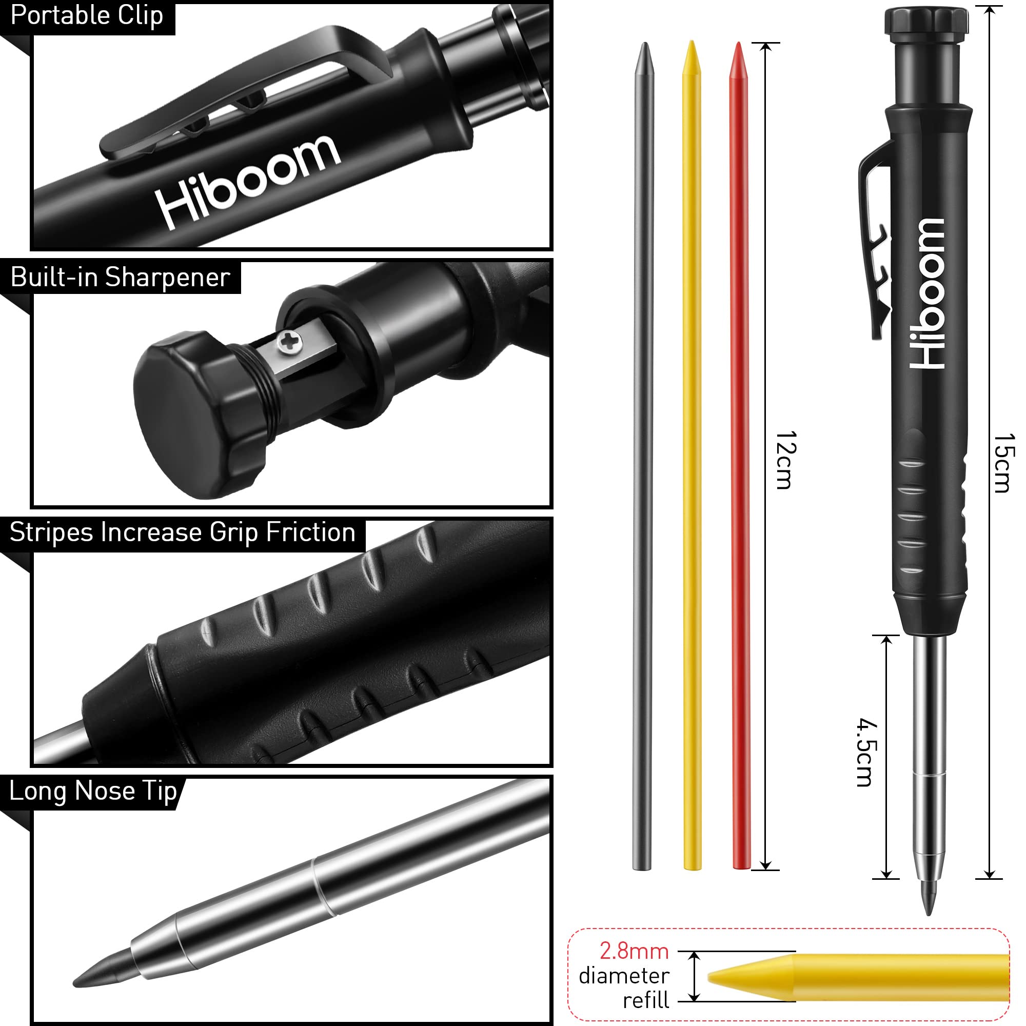Hiboom Mechanical Carpenter Pencils with 30 Pcs 2.8mm Refills Replacement, Deep Hole Woodworking Maker with Built in Sharpener for Construction Woodworking Drafting Architect
