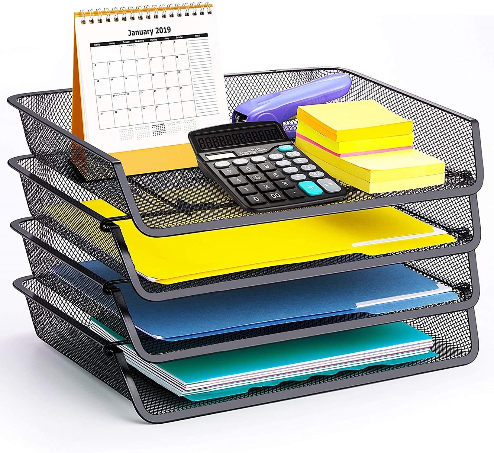 4 Pack - Simple Trending Stackable Office Desk Supplies Organizer, Desktop File Document Letter Tray Holder Organizer, Black