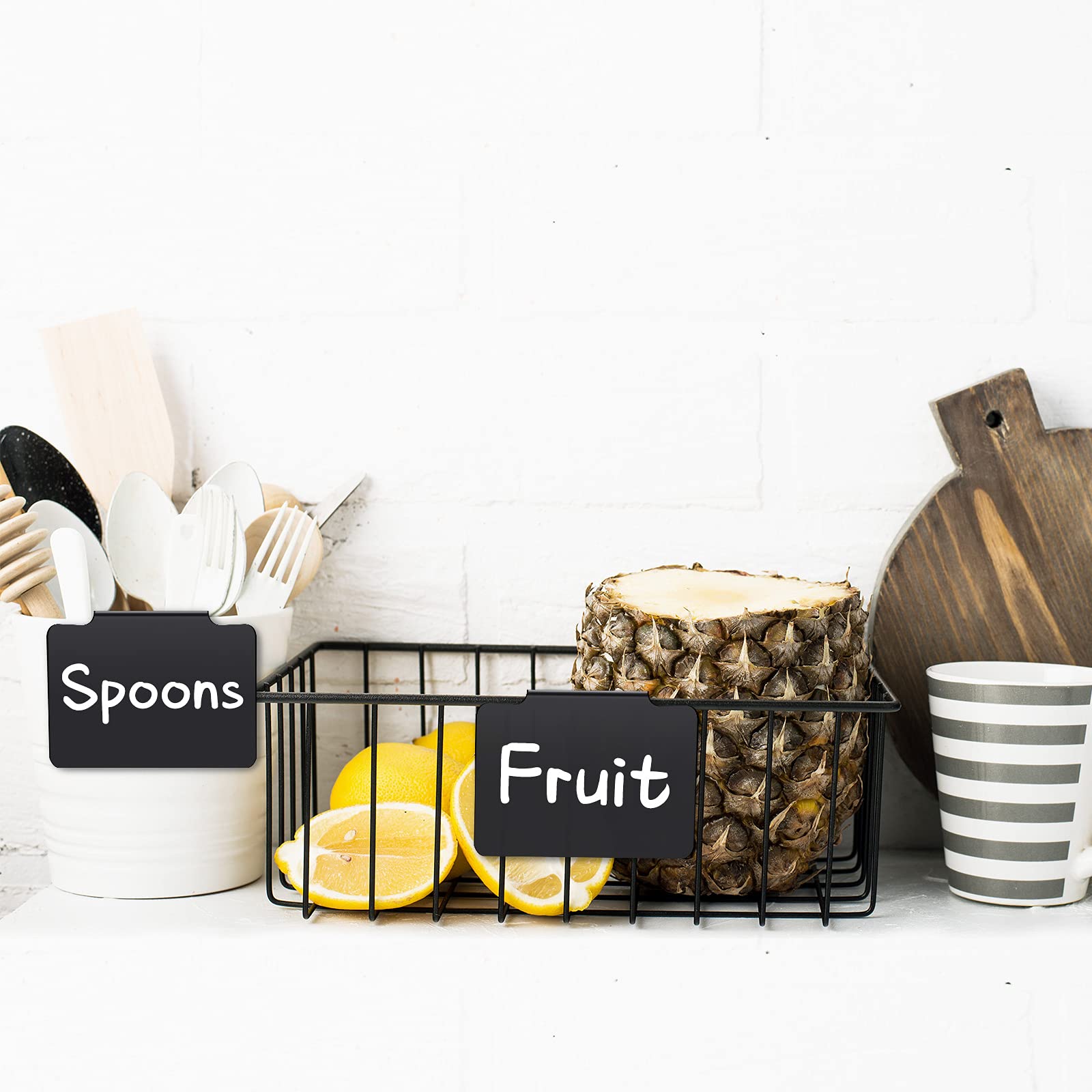 Plastic Basket Bin Label Clip on Removable Basket Label Kitchen Pantry Basket Label Clip with White Chalk Markers for Storage Fabric Bin Basket Box Hanging Bin Clip Label (34 Pieces)