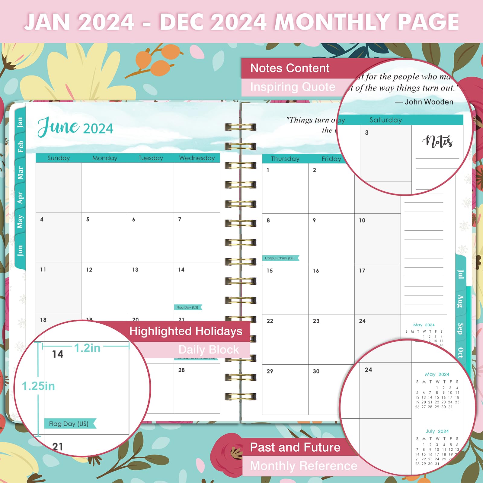 2023 Planner – Weekly ＆ Monthly Planner 2023, Jan 2023 – Dec 2023, 6.4" x 8.5" with 12 Monthly Tabs, Flexible Hardcover, Thick Paper, Inspirational Quotes, Strong Spirals Wirebound Organizer
