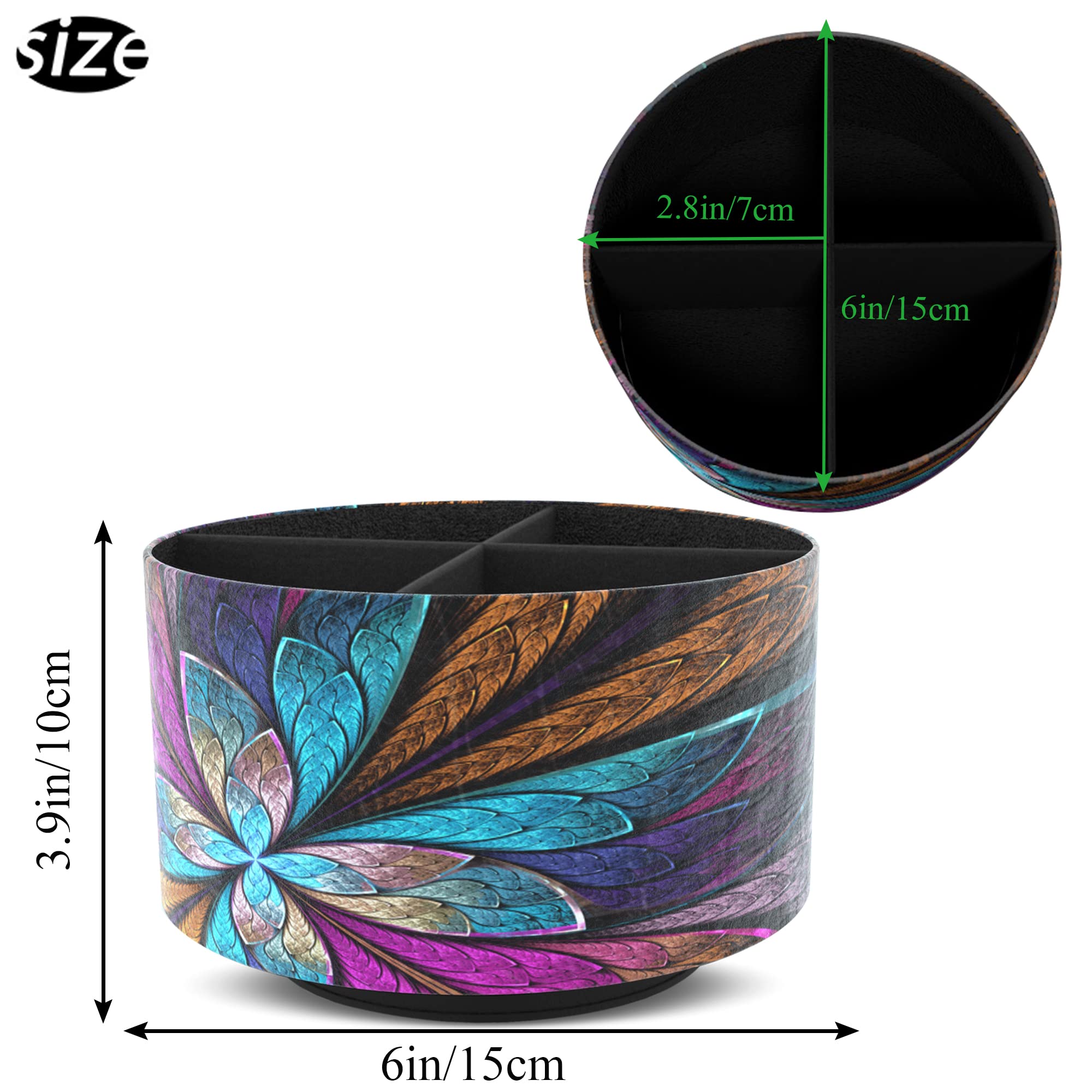 Hennaja Round Leather Art Supply Organizer,Remote Control Holder,360 Degree Rotating,Multi-Functional Pencil Holder,4 Compartments Desktop Stationary Organizer(1-Fractal Flower)
