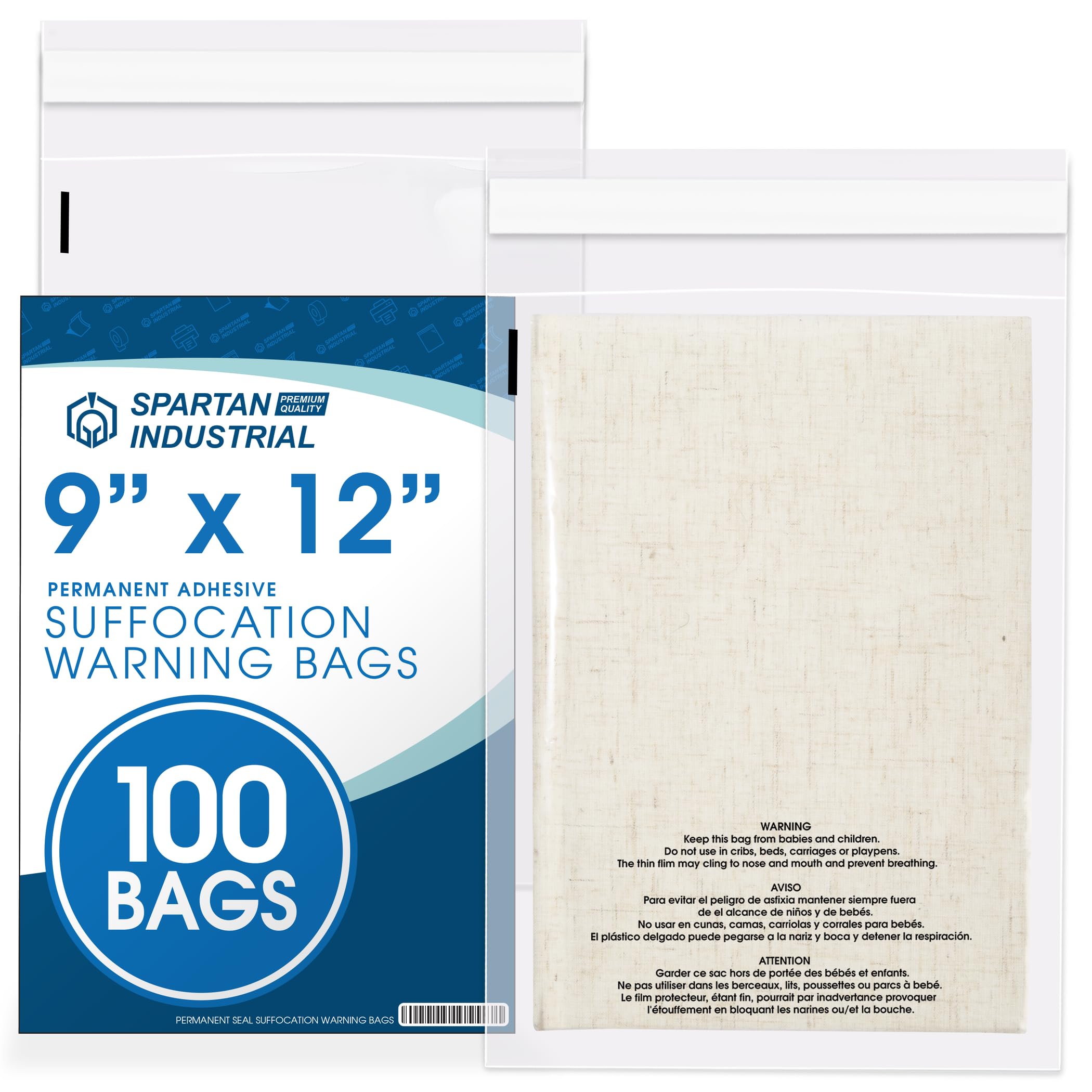 Spartan Industrial - 9” X 12” (100 Count) Self Seal Clear Poly Bags with Suffocation Warning for Packaging, T Shirts & FBA - Permanent Adhesive