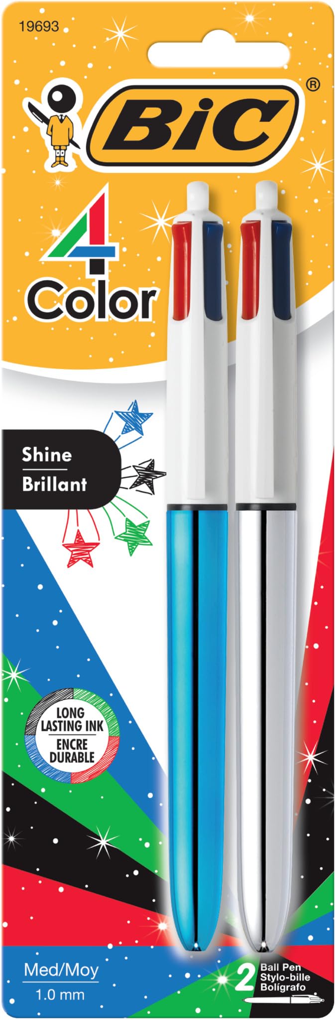 BIC 4-Color Shine Ball Pen, Medium Point (1.0 mm), Metallic Barrel, Assorted Inks, 2 Count