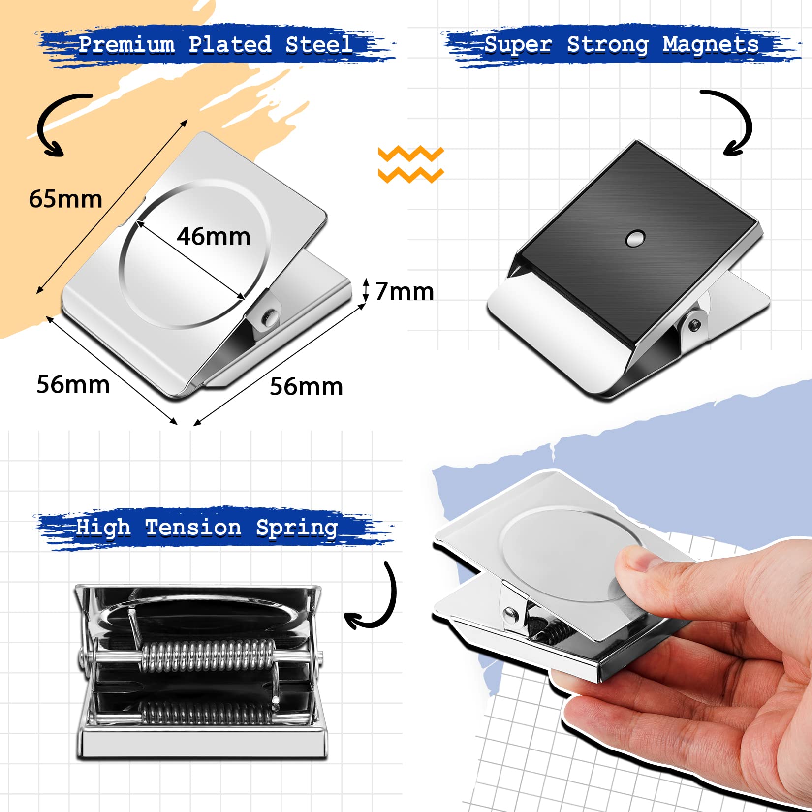 4 Pack Magnetic Clips Heavy Duty, 2.2 Inch Extra Large Clip Magnets, Fridge Magnet Clips, Strong Magnet Clips for Whiteboard, Office Magnets.