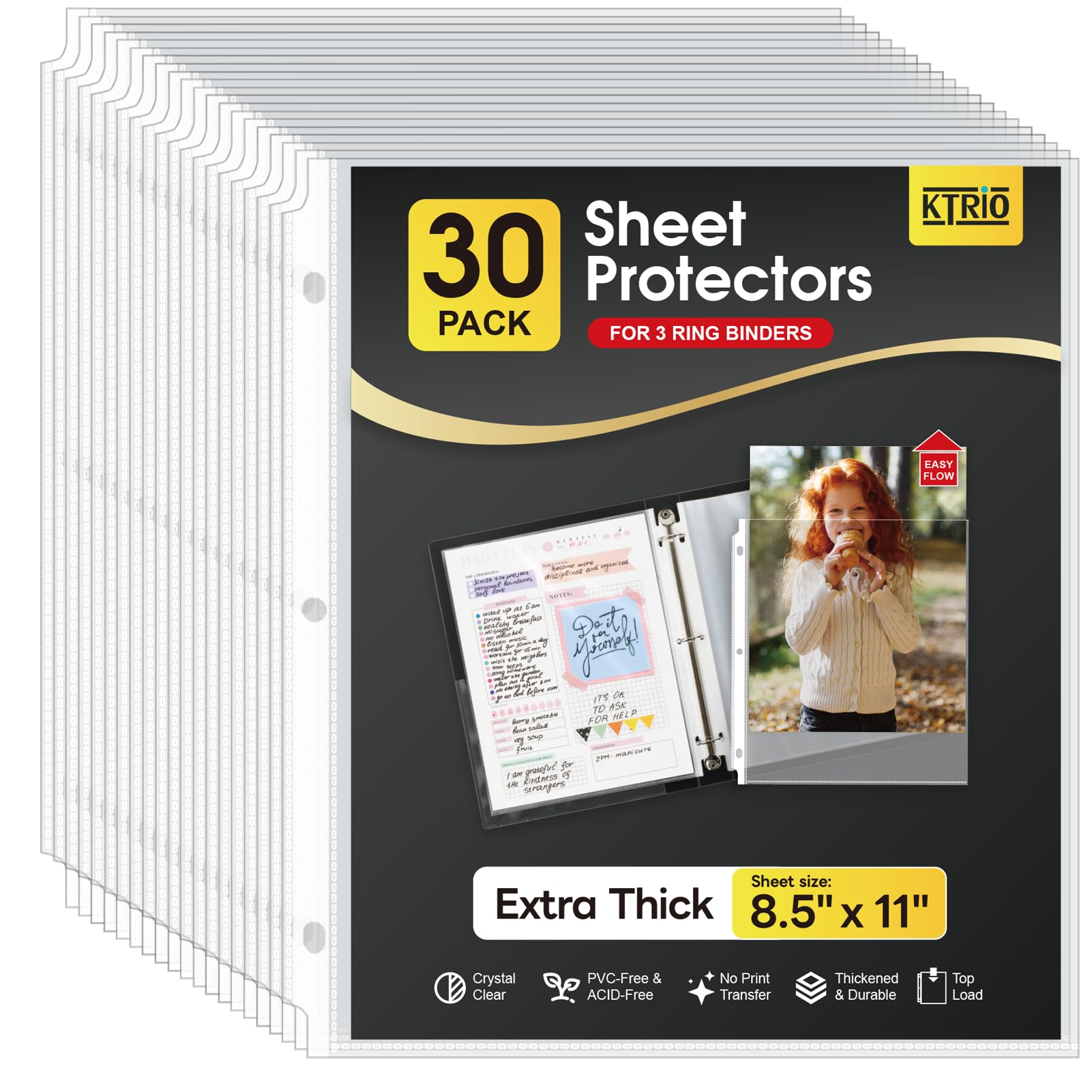KTRIO Heavyweight Sheet Protectors 8.5 x 11 inch, 3 Mil Clear Page Protectors for 3 Ring Binder, Plastic Sleeves for Binders, Top Loading Paper Protector Letter Size, 30 Pack