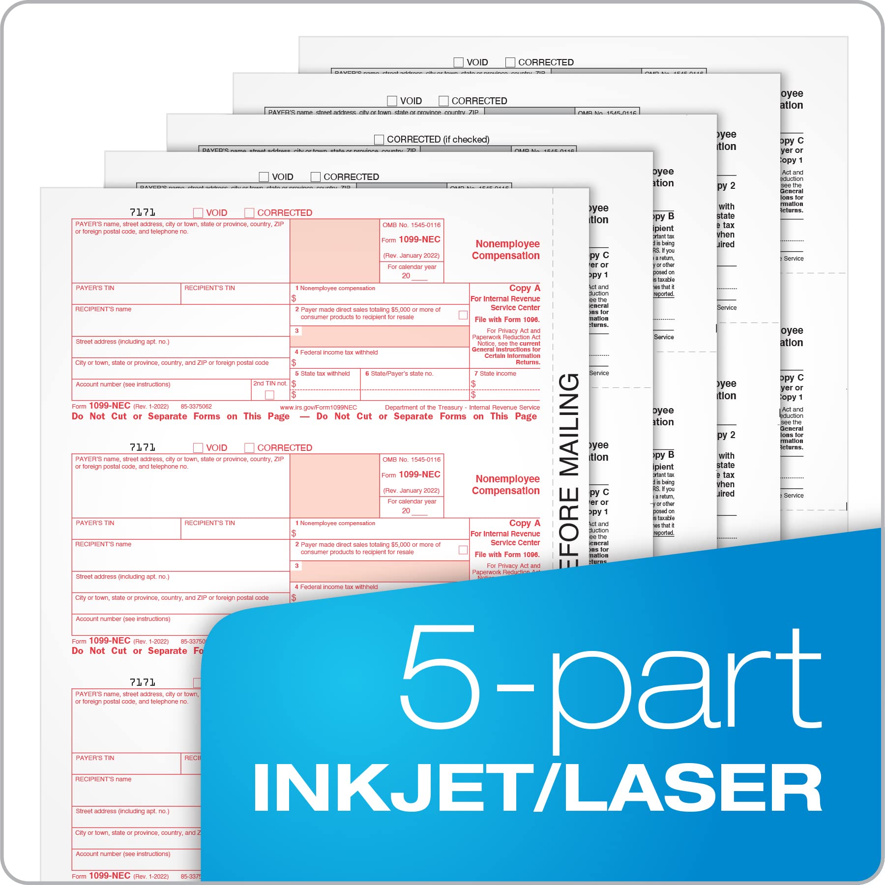 TOPS 1099 NEC 3 Up Forms 2022, Tax Forms Kit for 30 Recipients, 5 Part NEC Tax Form Sets with Self Seal 1099 Envelopes and 3 1096 (TX22905NEC-22)