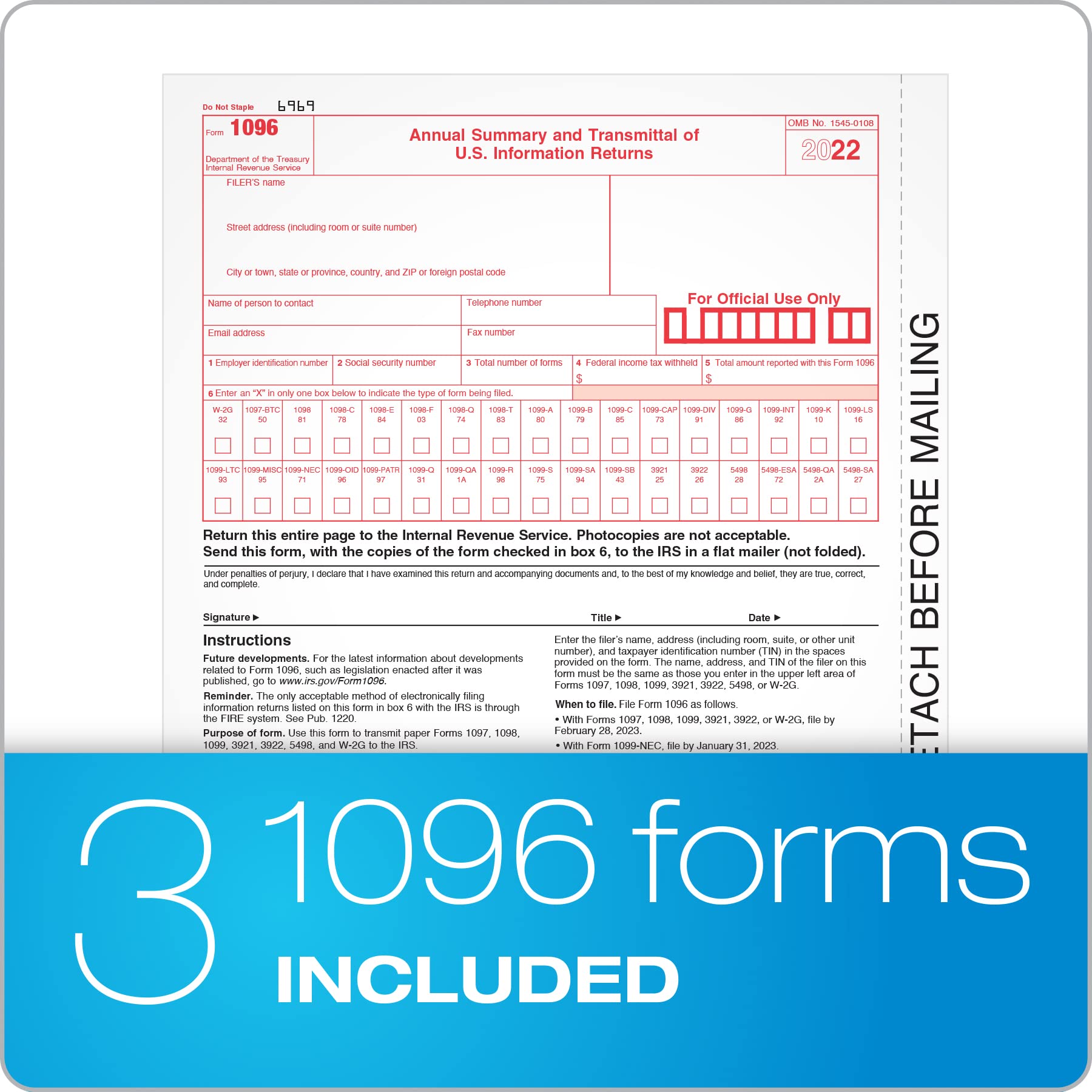 TOPS 1099 NEC 3 Up Forms 2022, Tax Forms Kit for 30 Recipients, 5 Part NEC Tax Form Sets with Self Seal 1099 Envelopes and 3 1096 (TX22905NEC-22)