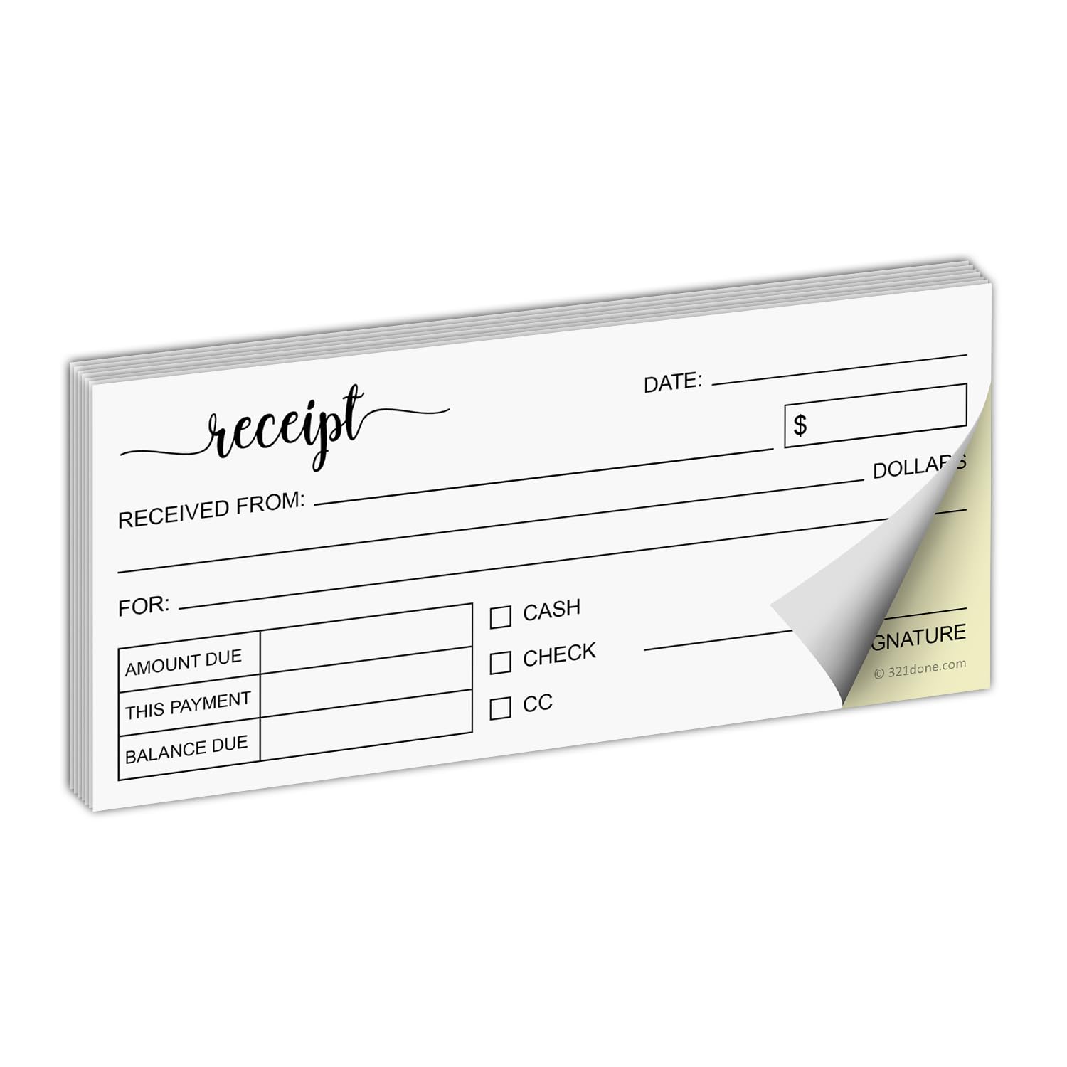 321Done Receipt Book, 2.75x6 Pocket Size 2-Part Carbonless, Made in USA, Cute Handheld Duplicate Copy Order Form for Craft Boutique Business (50 Sets) White/Yellow