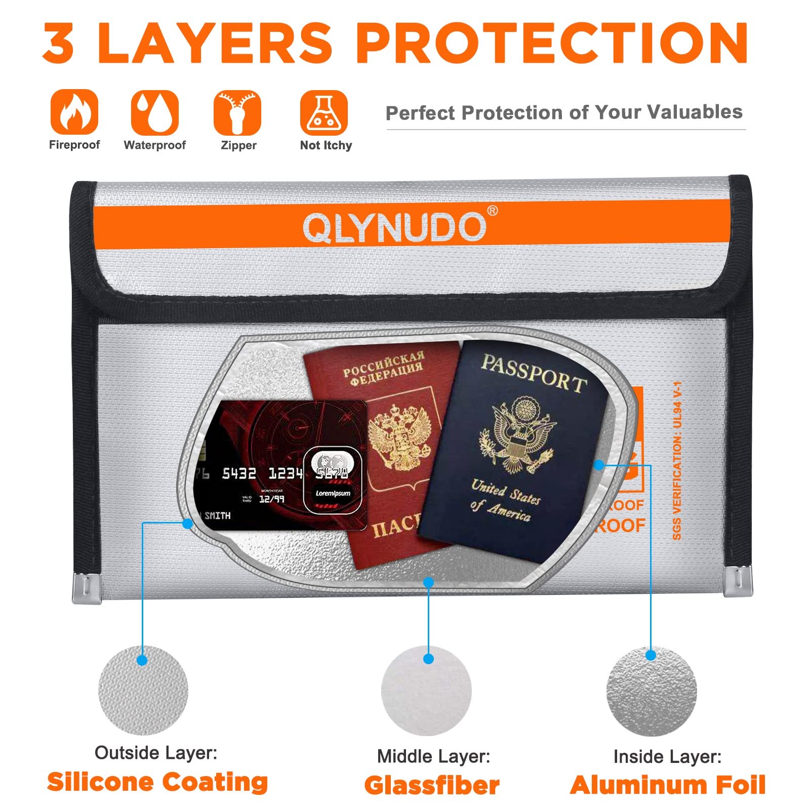 Small Fireproof Money Bag for Cash and Documents (8x5", Inside/External Size), 2-Pack Money Pouch with Water Resistant Zipper, Waterproof Safe Bag Set, 3 Layers (Silicone/Glass Fiber/Aluminum Foil)
