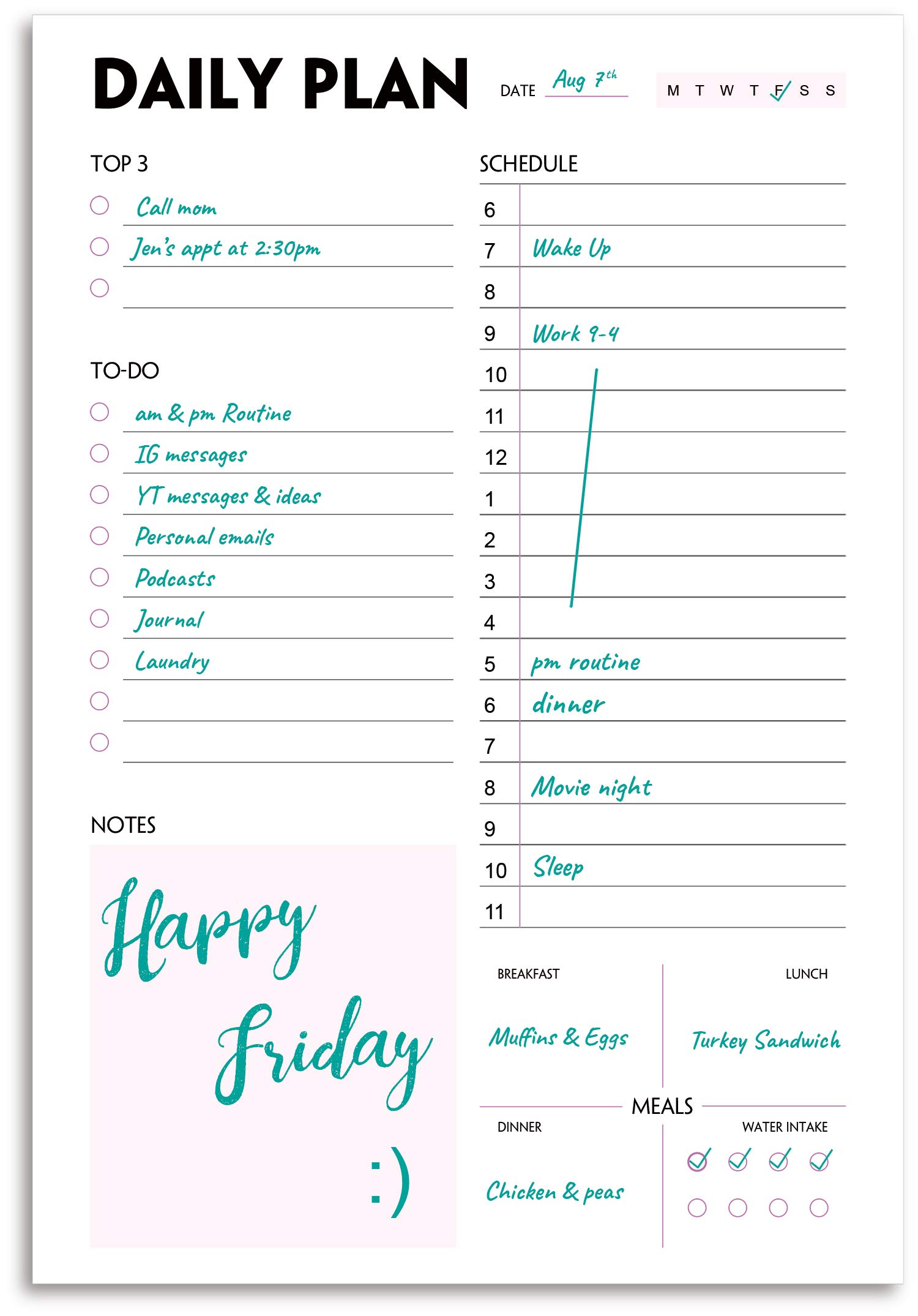 Daily Planner Notepad - A5 Calendar, Scheduler, Organizer with Priority, To Do List, Appointments, Notes, Meals and Water Intake Tracker, 50 Undated Tear-Off Sheets Planning Pad, 5.8"x8.25"